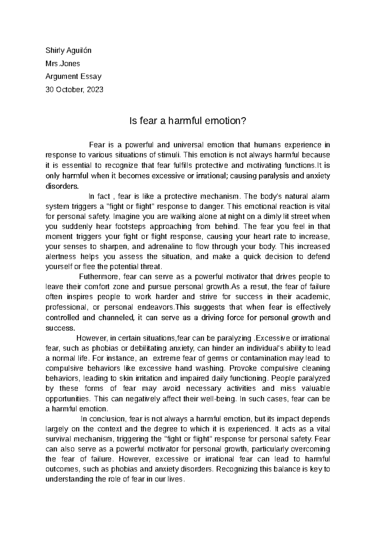 It is a fear harmful emotion - Documentos de Google - Shirly Aguilón Mrs Argument Essay 30 ...