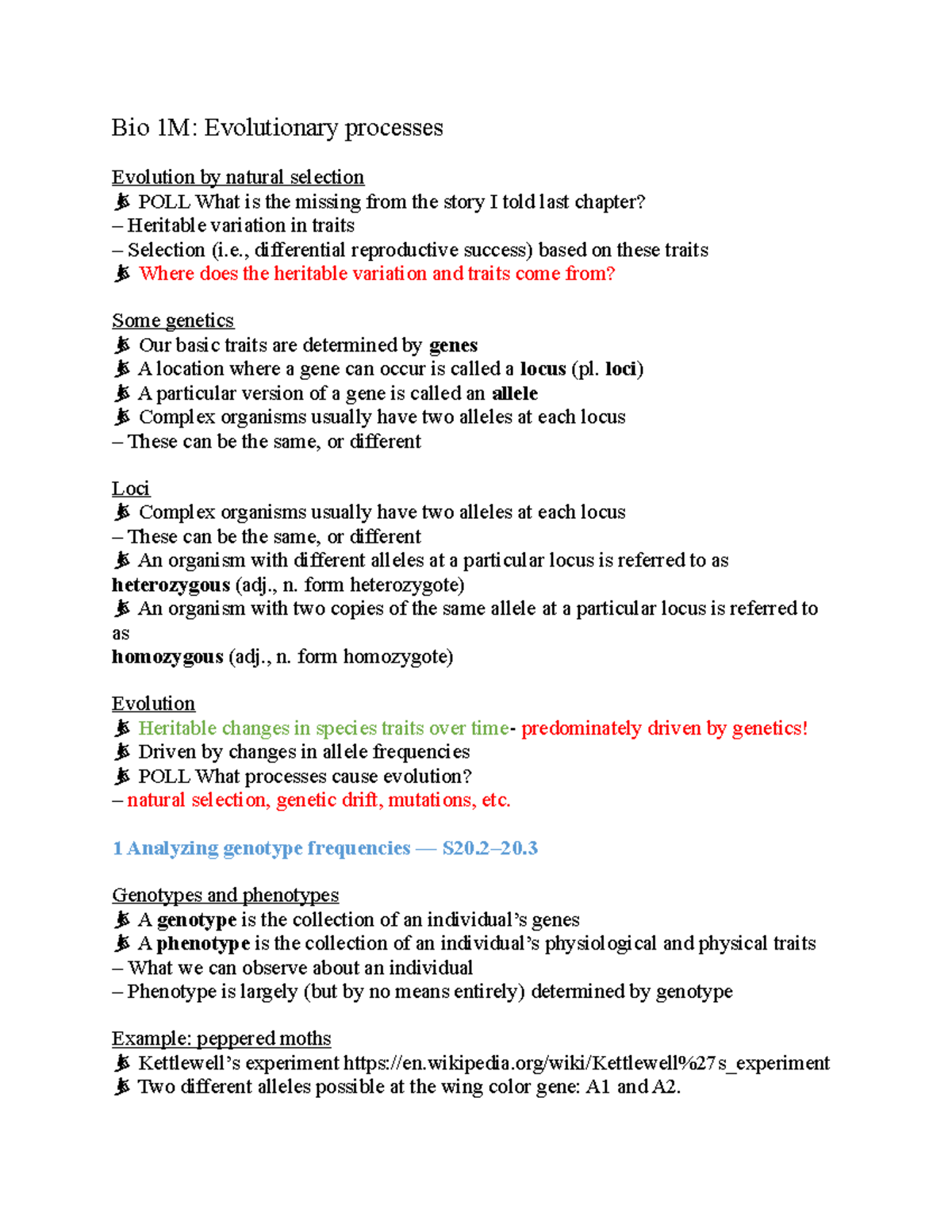 Bio notes (part two) - Bio 1M: Evolutionary processes Evolution by ...