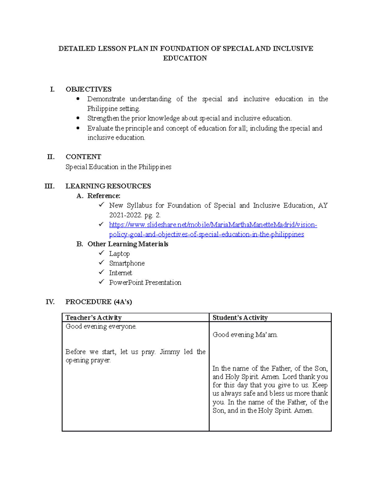 4A's Lesson Plan in Sp Ed G1 - DETAILED LESSON PLAN IN FOUNDATION OF ...