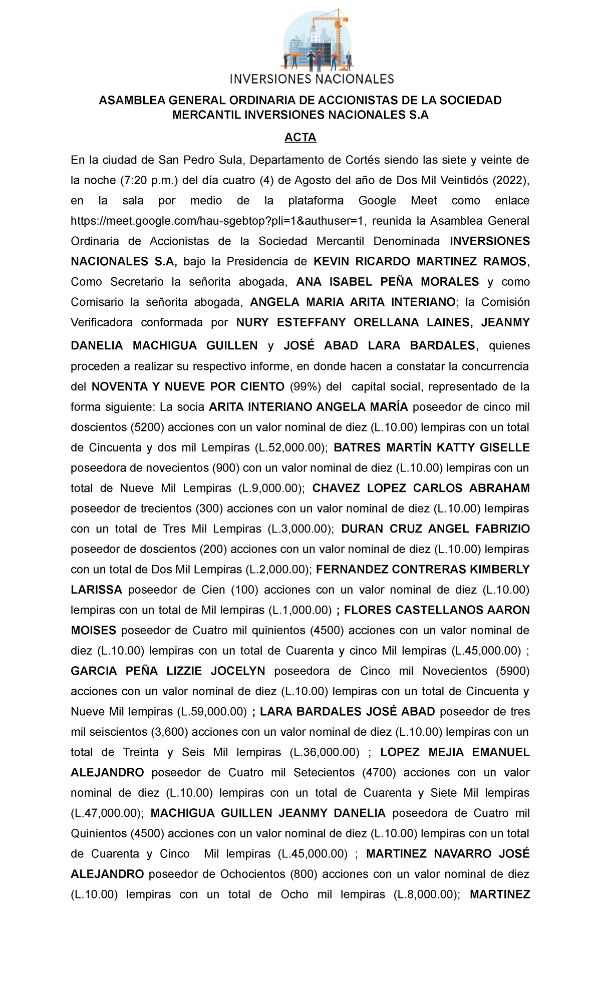 ACTA Asamblea General Ordinaria Inversiones Nacionales S - ASAMBLEA GENERAL ORDINARIA DE ...