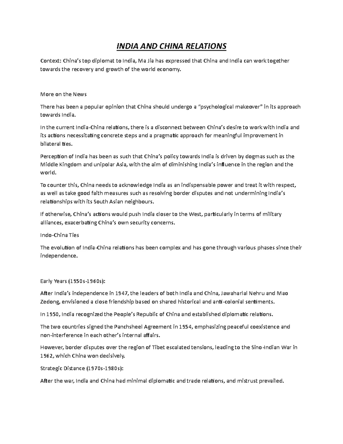 India AND China Relations Class 12 Notes - INDIA AND CHINA RELATIONS ...