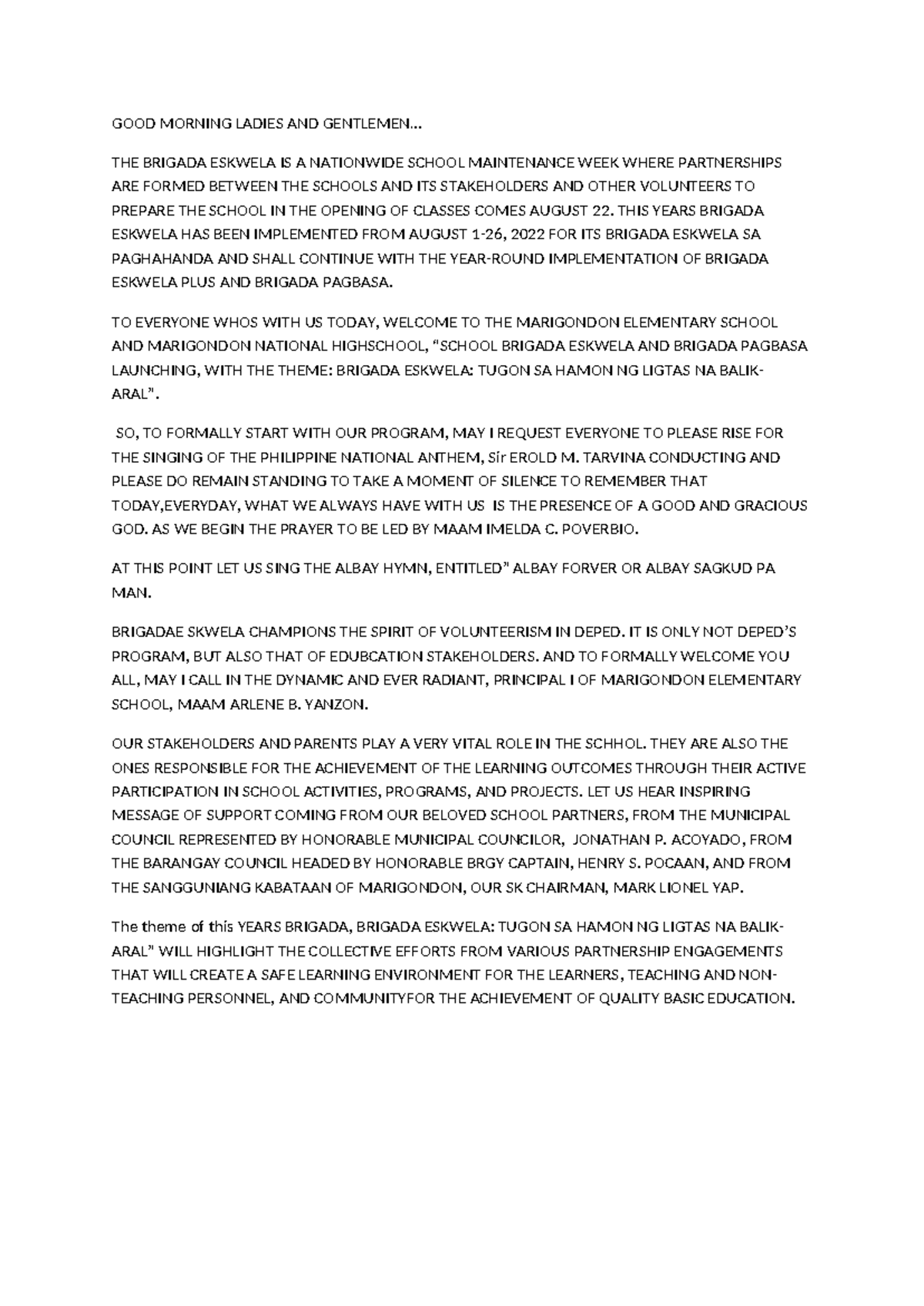 Brida Eskwela 2022 Emcee Script - GOOD MORNING LADIES AND GENTLEMEN ...