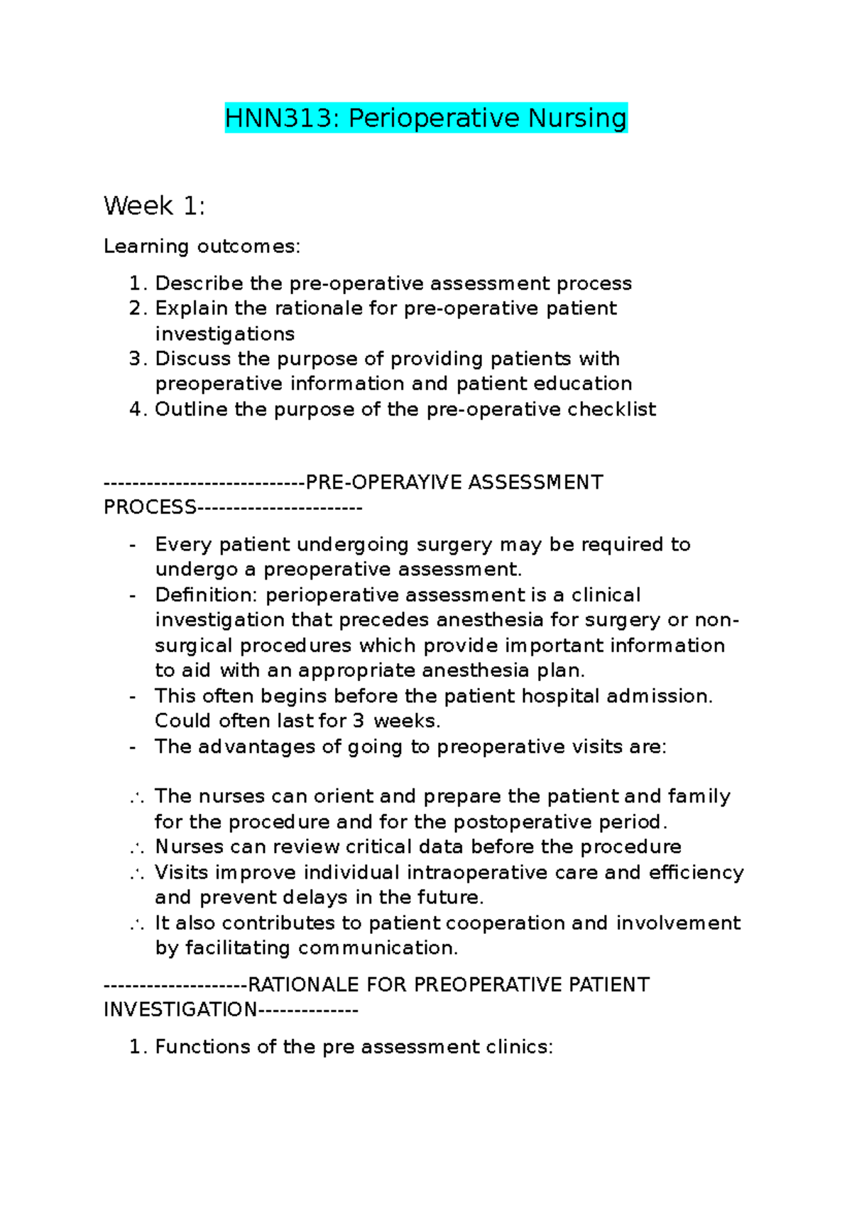 HNN313-week 1 - week 1 notes. - HNN313: Perioperative Nursing Week 1 ...