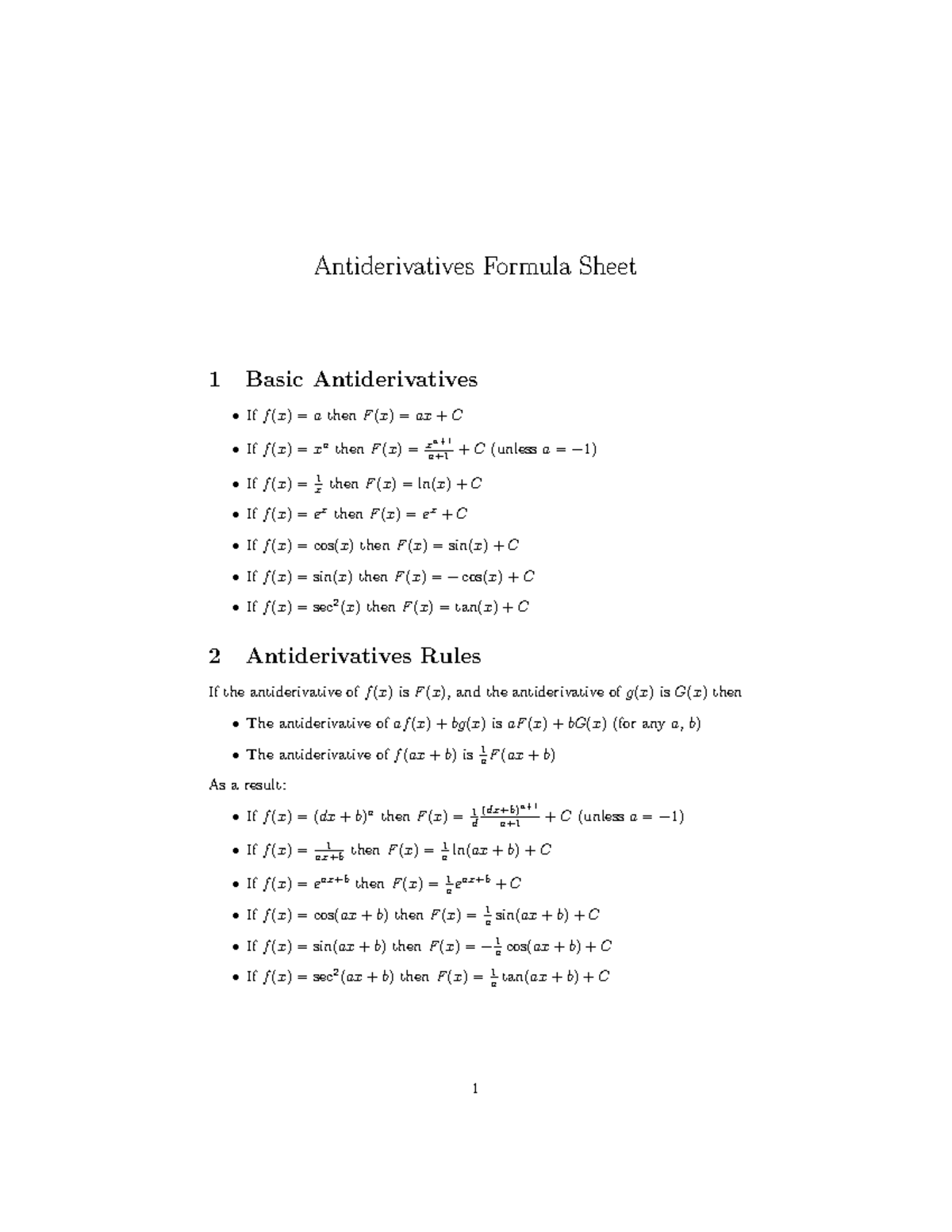 Handout 1 problems in class for students - Antiderivatives Formula ...