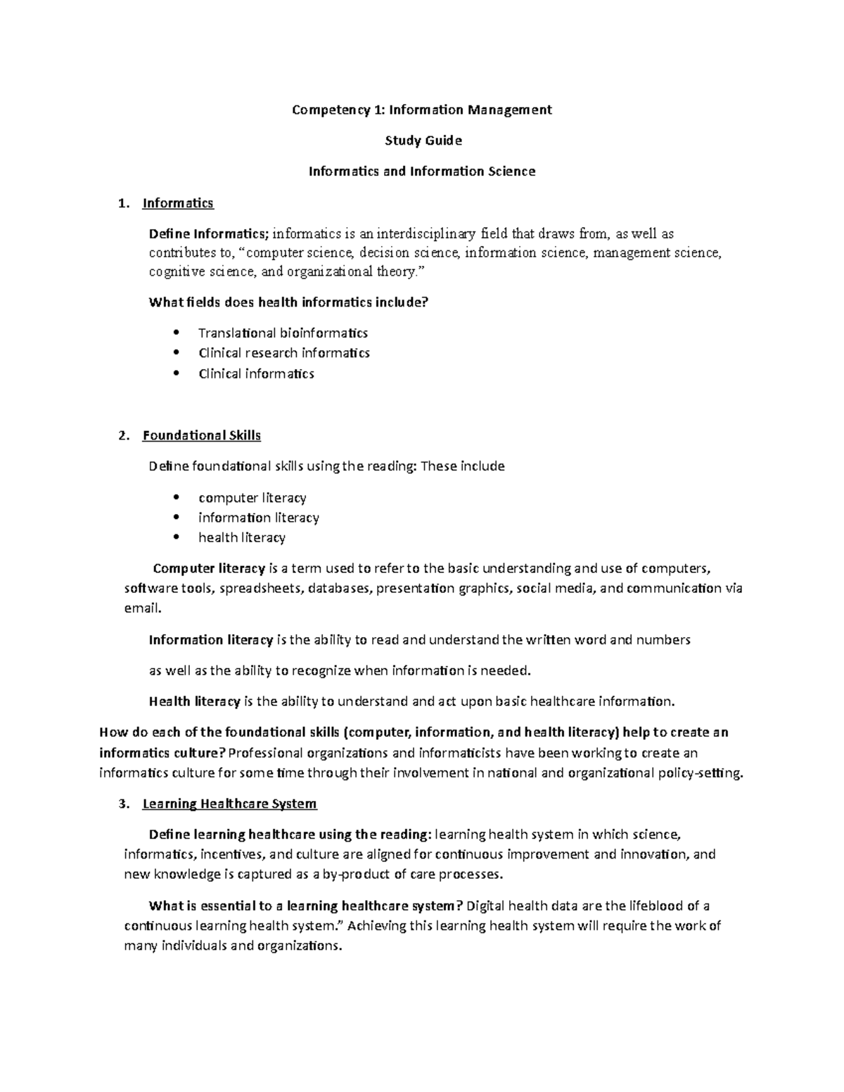 C468 Study Guide page 1 part 1 of 7 - Competency 1: Information ...