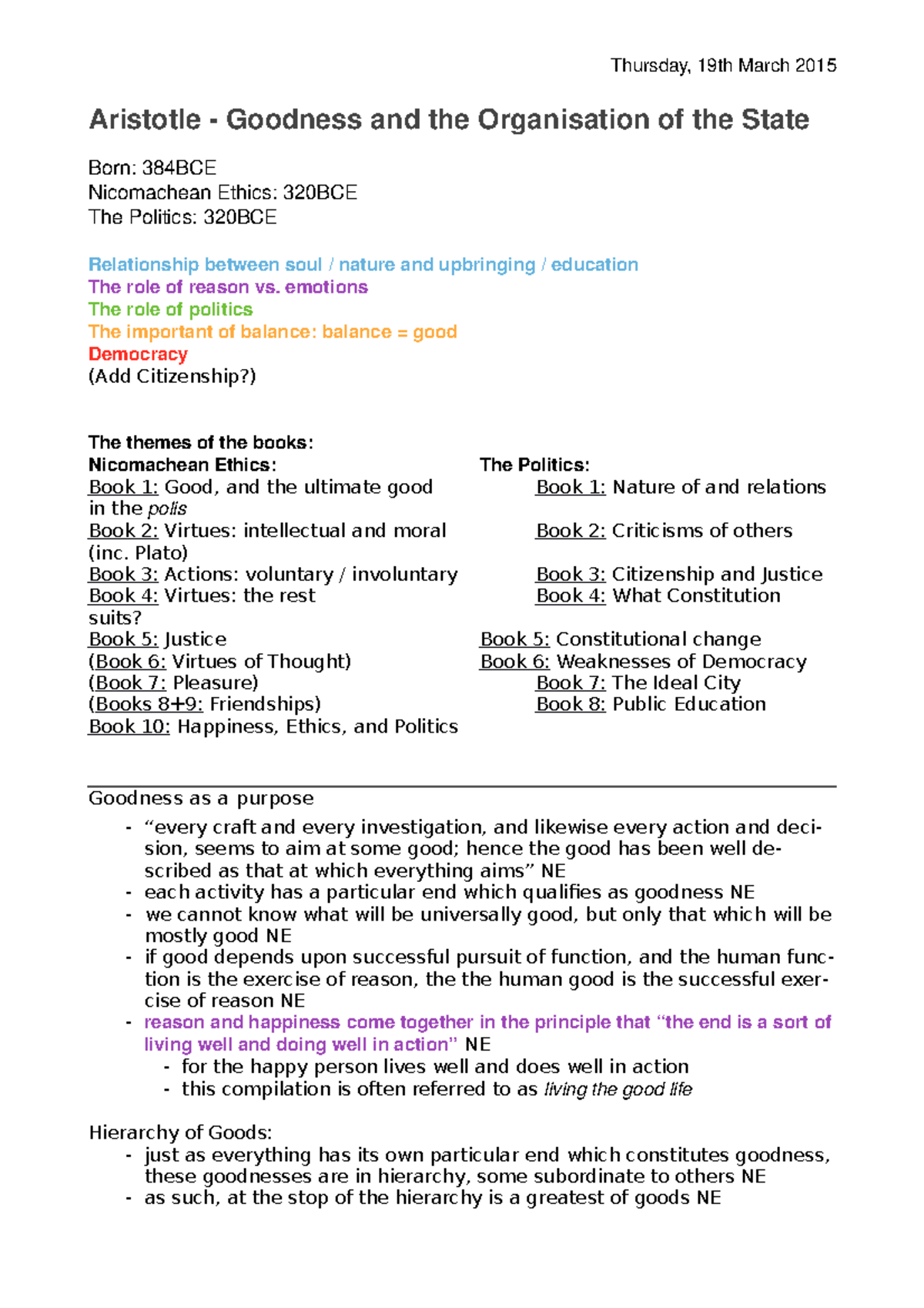 Aristotle - Goodness and the Organisation of the State - emotions The ...