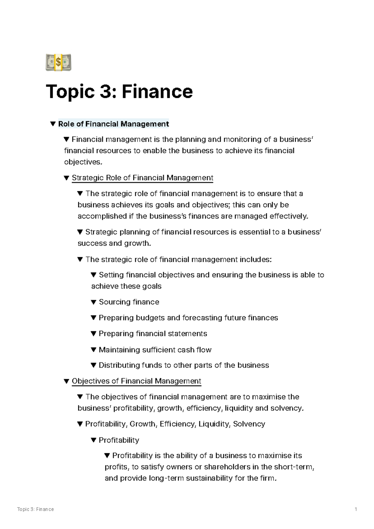 Topic 3 Finance - 💵 Topic 3: Finance Role of Financial Management ...