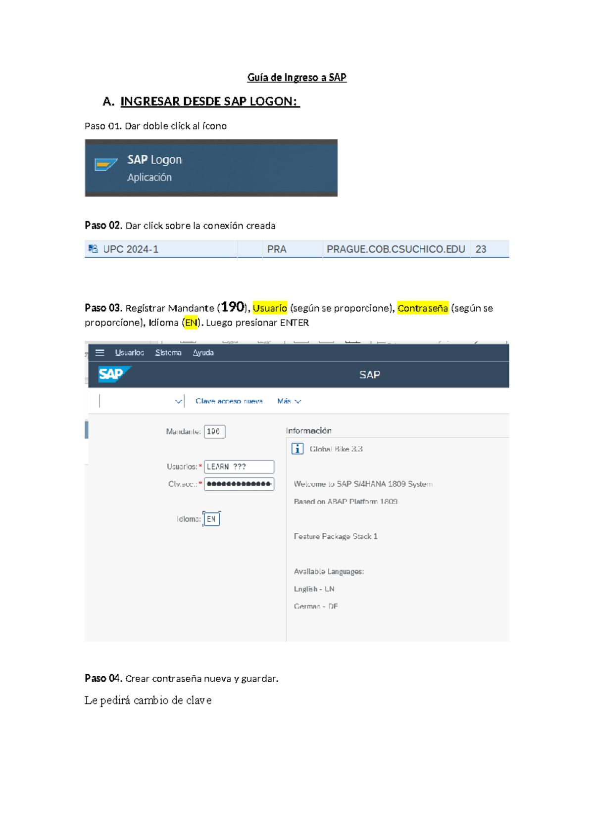 Guía 03. Configuración SAP 2024-1 - Guía de Ingreso a SAP A. INGRESAR ...