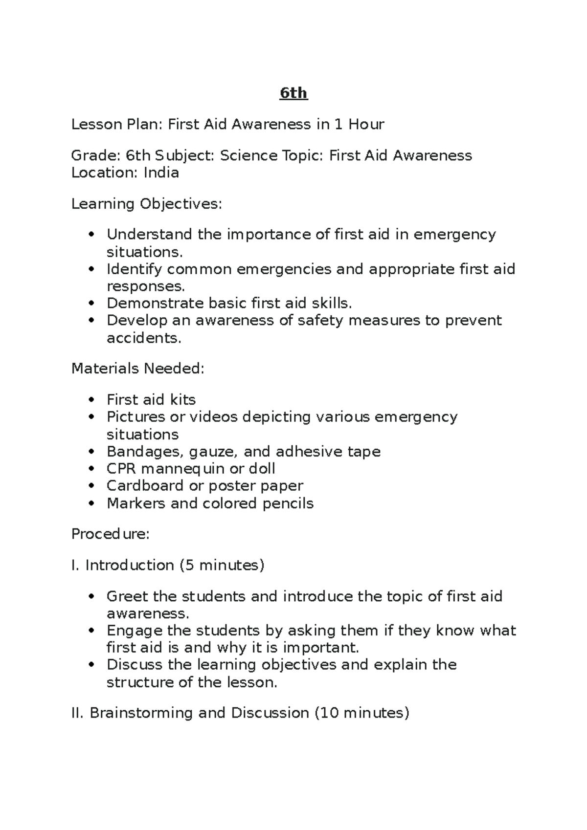 First aid - 6th Lesson Plan: First Aid Awareness in 1 Hour Grade: 6th ...