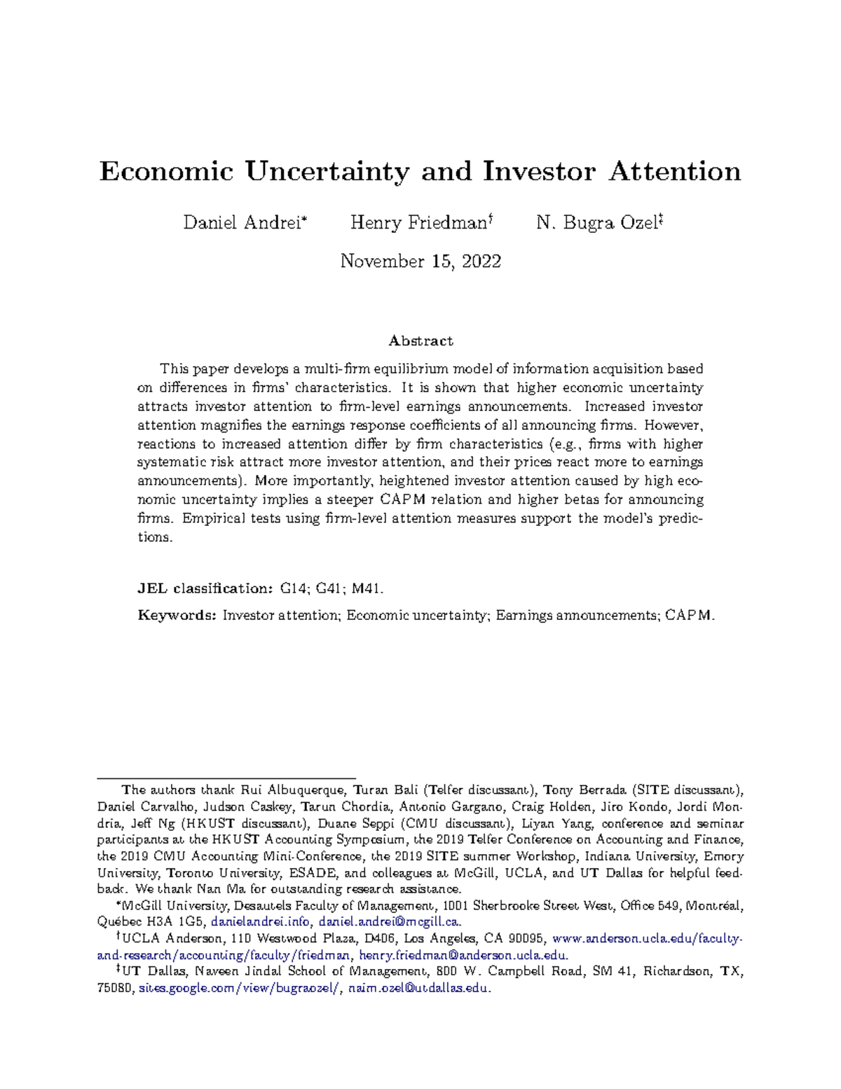 Economic Uncertainty and Investor Attention - Bugra Ozel‡ November 15 ...