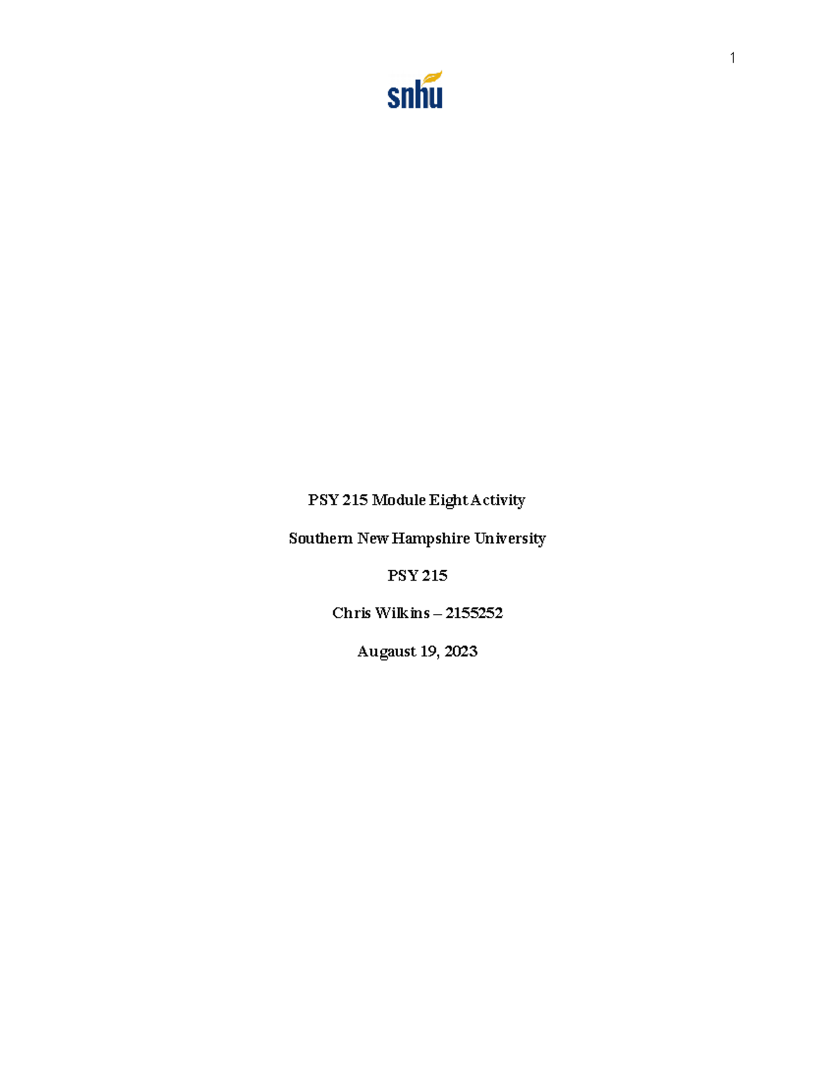 PSY 215 Module Eight Activity - PSY 215 Module Eight Activity Southern ...