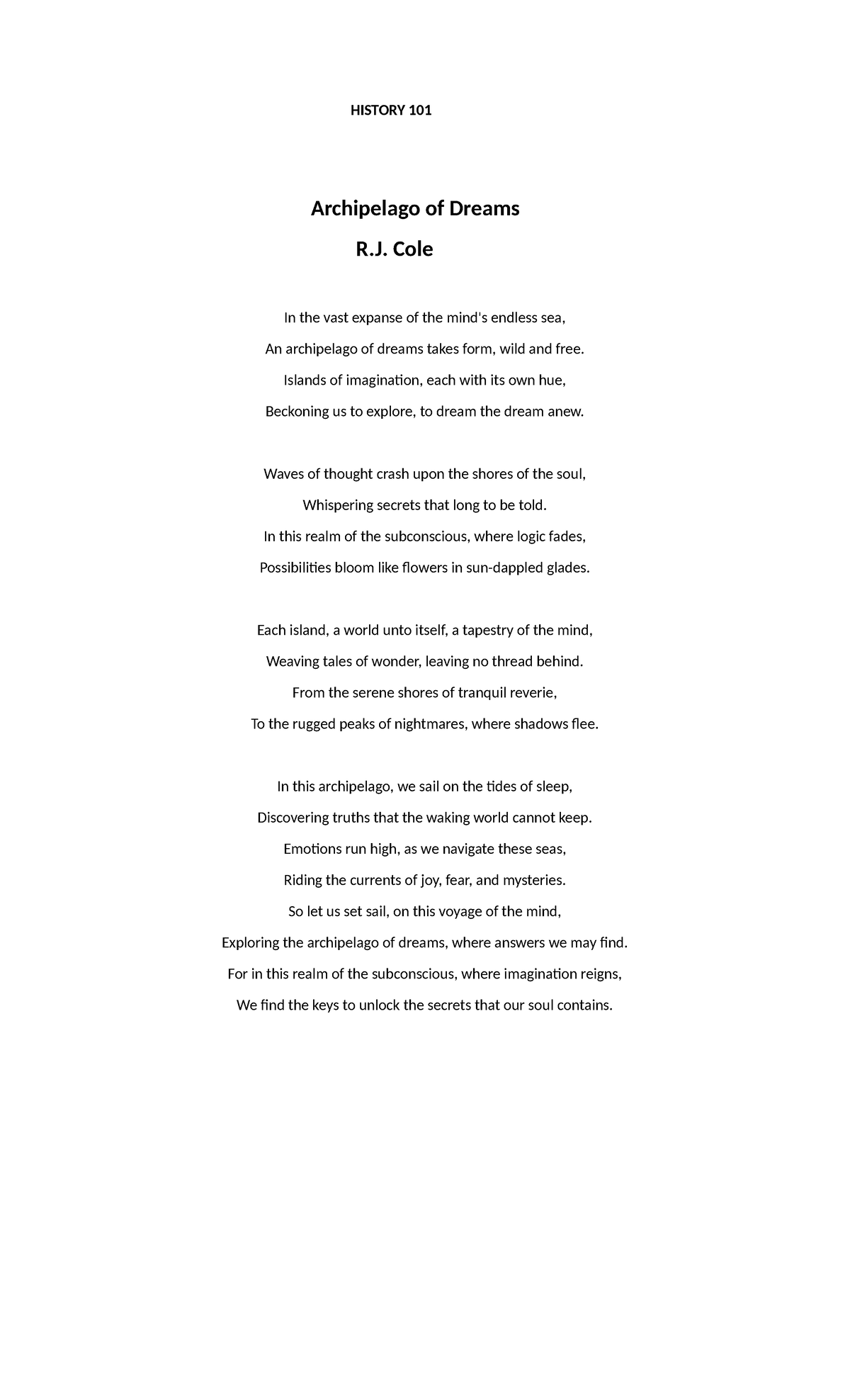 History-101- Activity-POEM - HISTORY 101 Archipelago of Dreams R. Cole ...