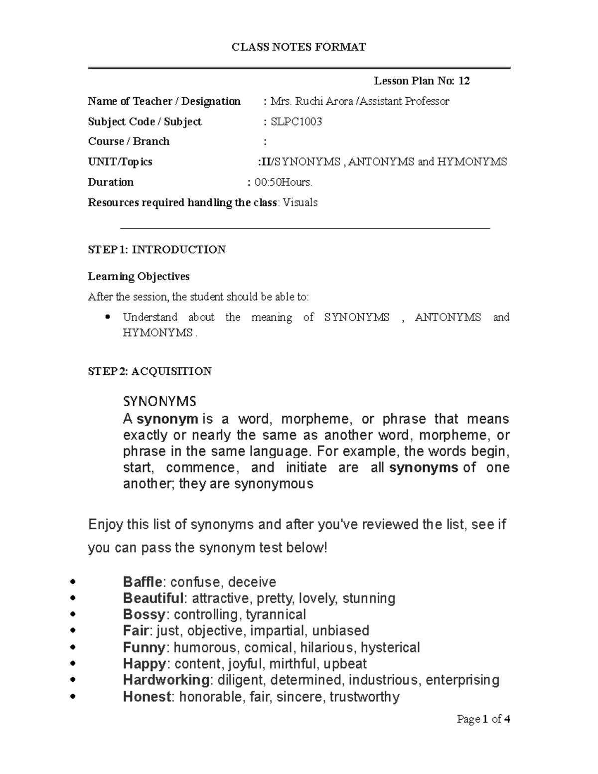 LP 10 Synonyms Antonyms Hymonyms CLASS NOTES FORMAT Lesson Plan No