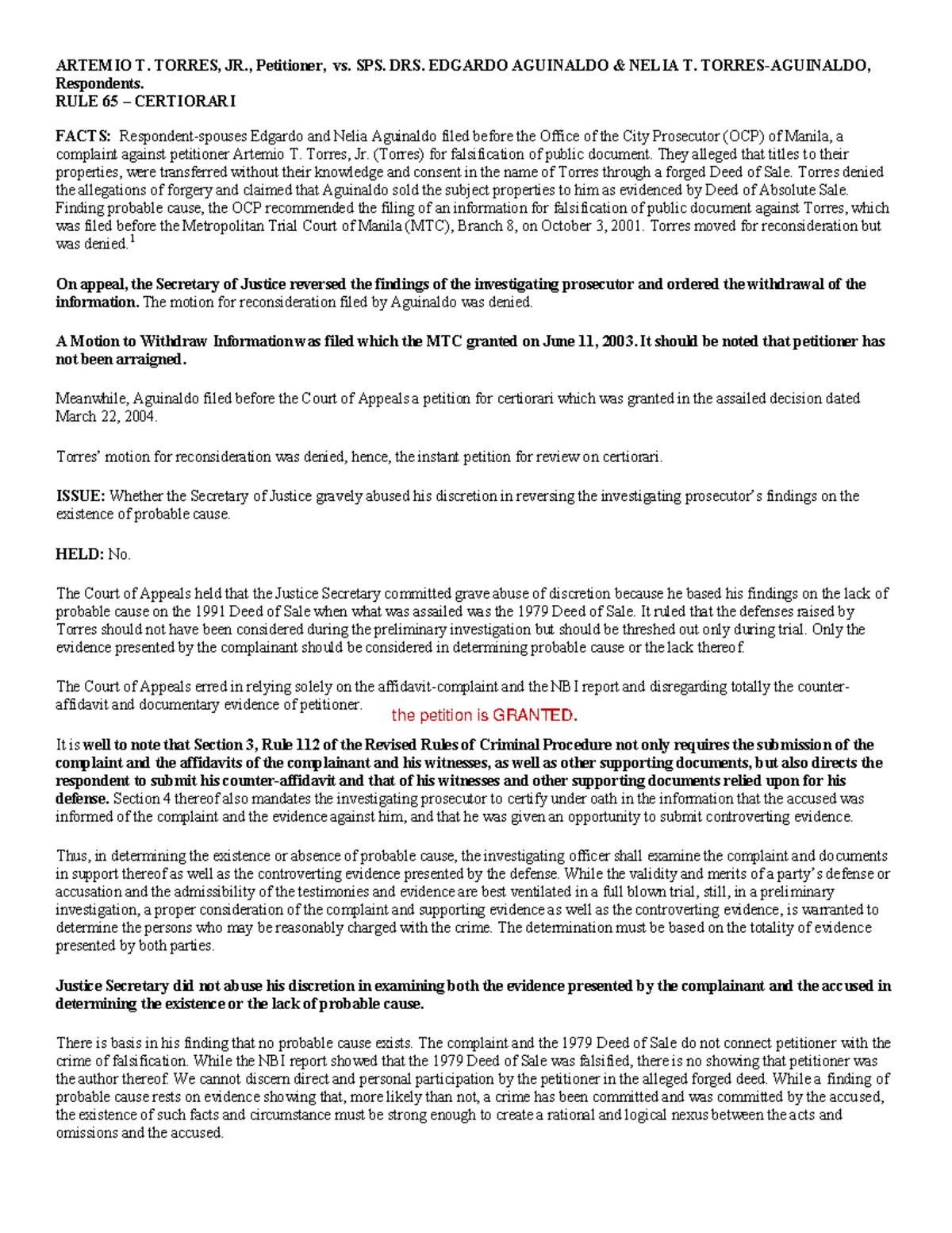 Pdfcoffee - lecture - ARTEMIO T. TORRES, JR., Petitioner, vs. SPS. DRS ...