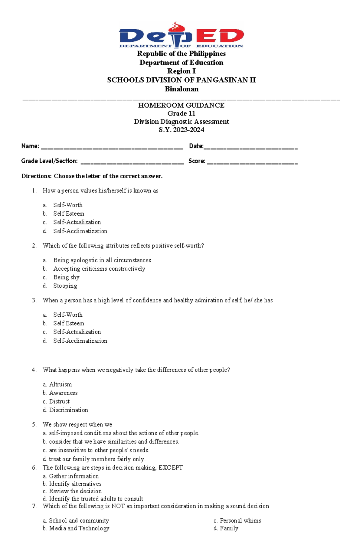Diagnostic-Test HGP11 - Republic of the Philippines Department of ...