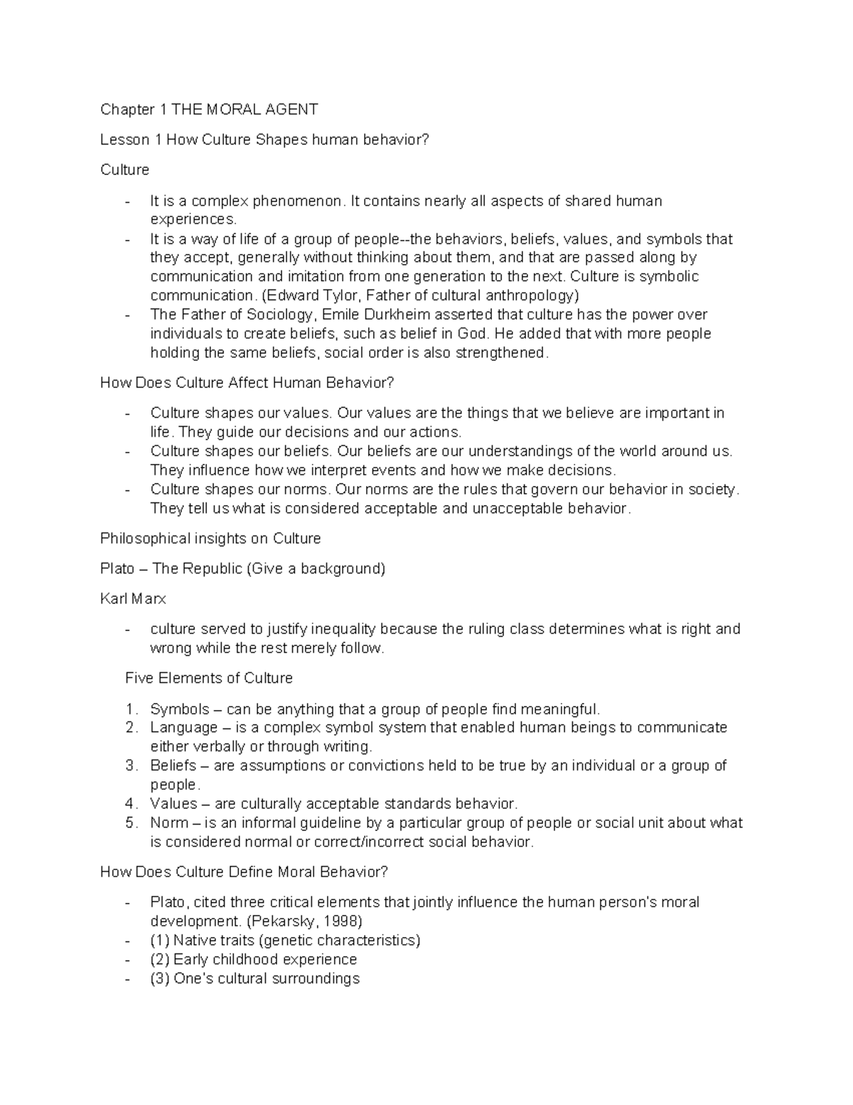 Ethics Chapter 1 THE Moral Agent - Chapter 1 THE MORAL AGENT Lesson 1 ...