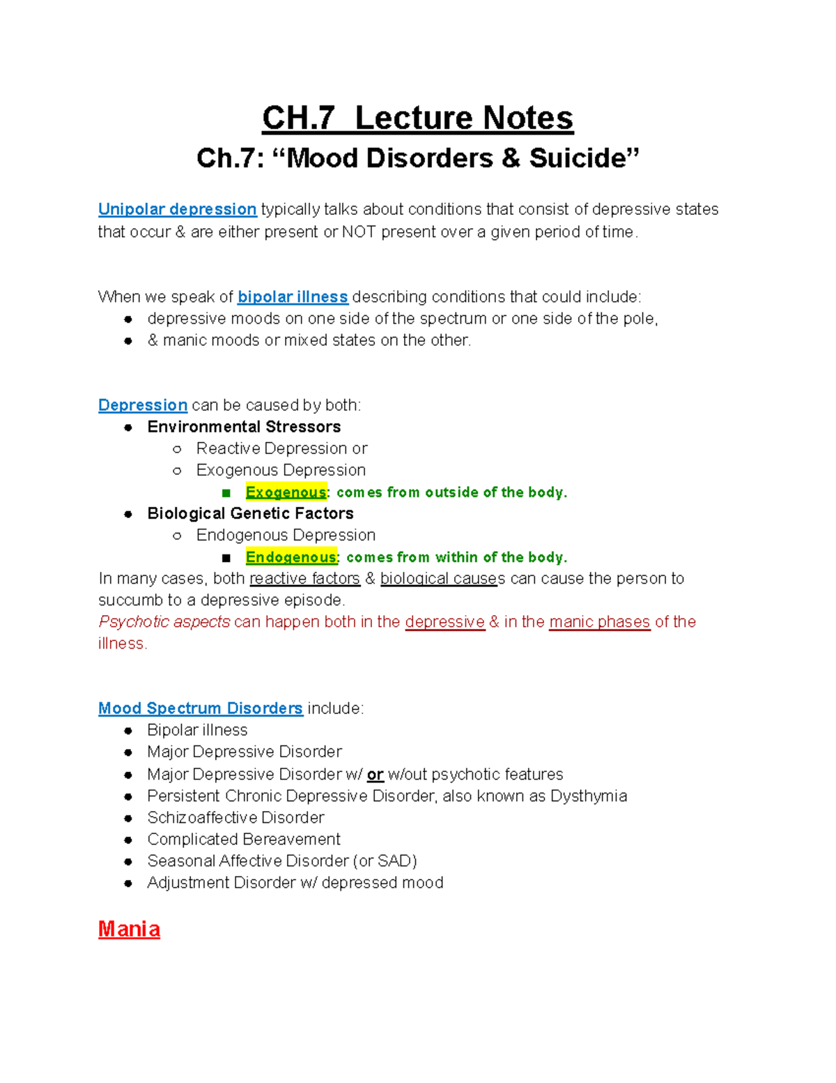 PSYC 3390 - Week 4, Ch.7 Lecture Notes - CH Lecture Notes Ch: “Mood ...