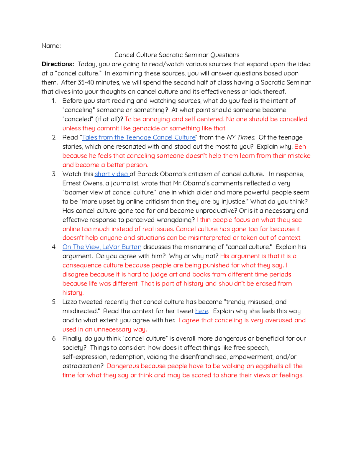 Cancel Culture Socratic Seminar Questions - Name: Cancel Culture ...