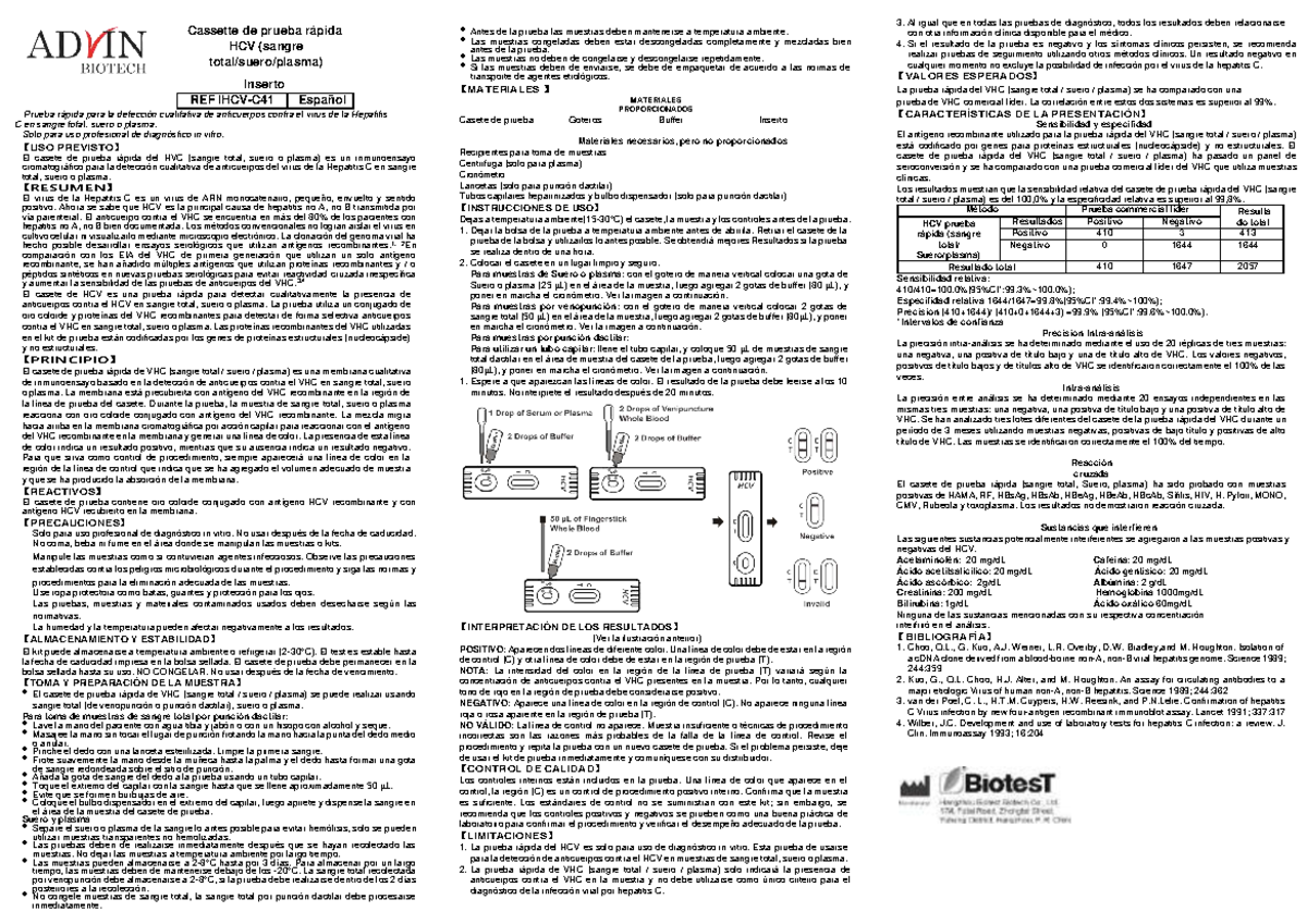 Inserto Advin VHC IHCV C41 - Cassette de prueba rápida HCV (sangre total/suero/plasma) Inserto ...