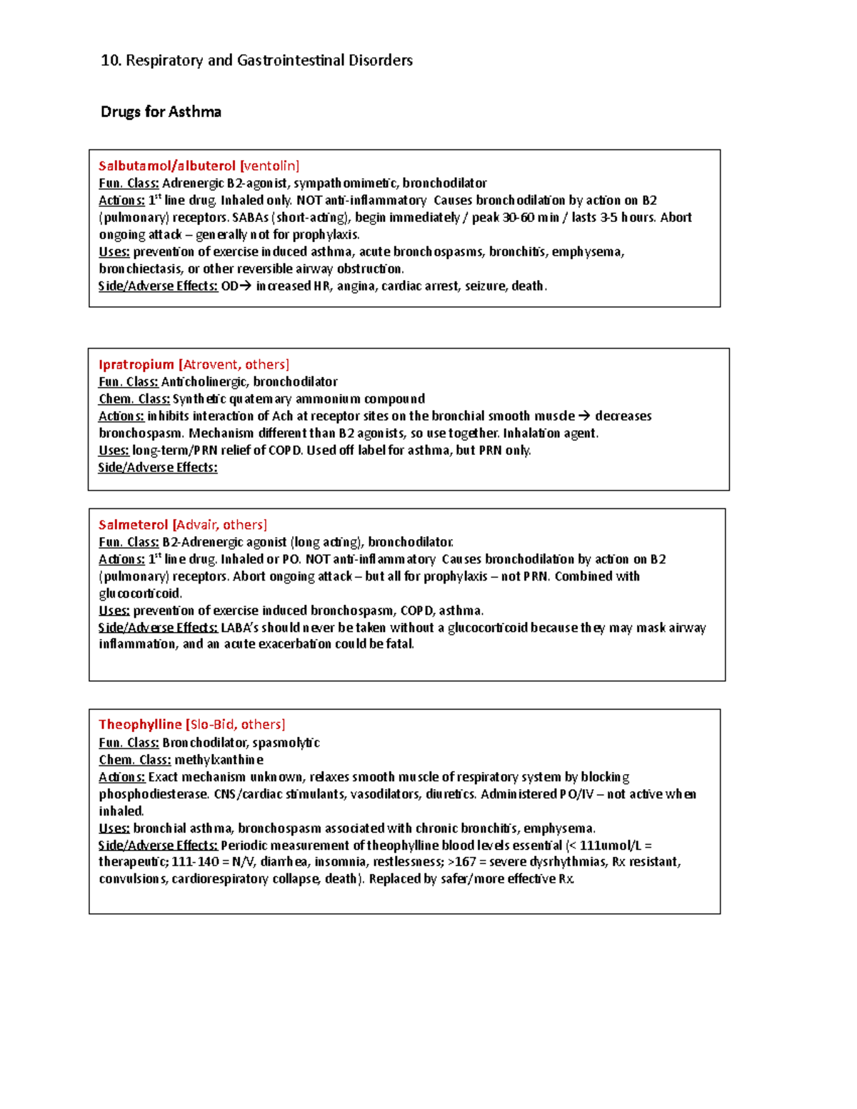 Respiratory and GI Drug Cards - Drugs for Asthma Ipratropium [Atrovent ...
