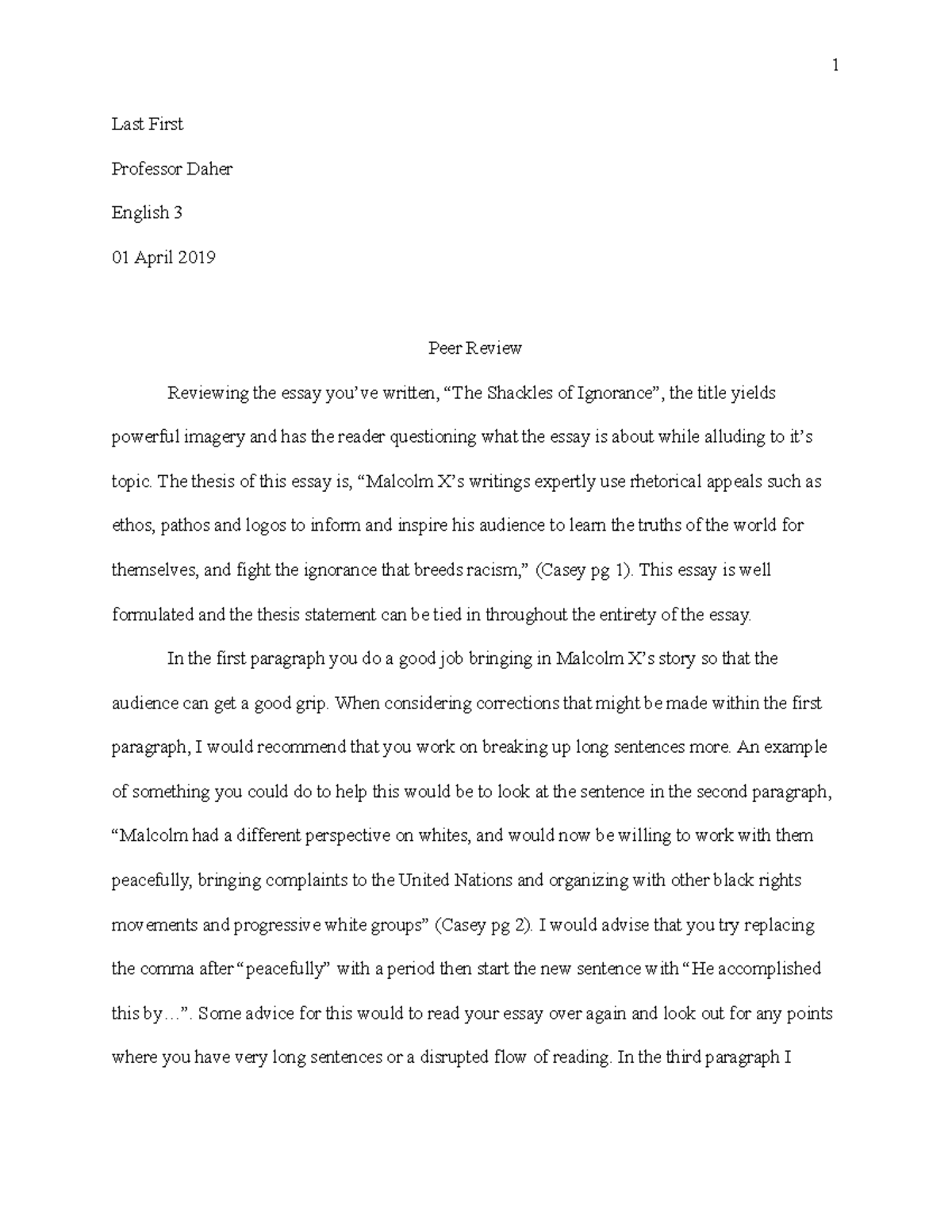 Peer Review 2 - 1 Last First Professor Daher English 3 01 April 2019 ...