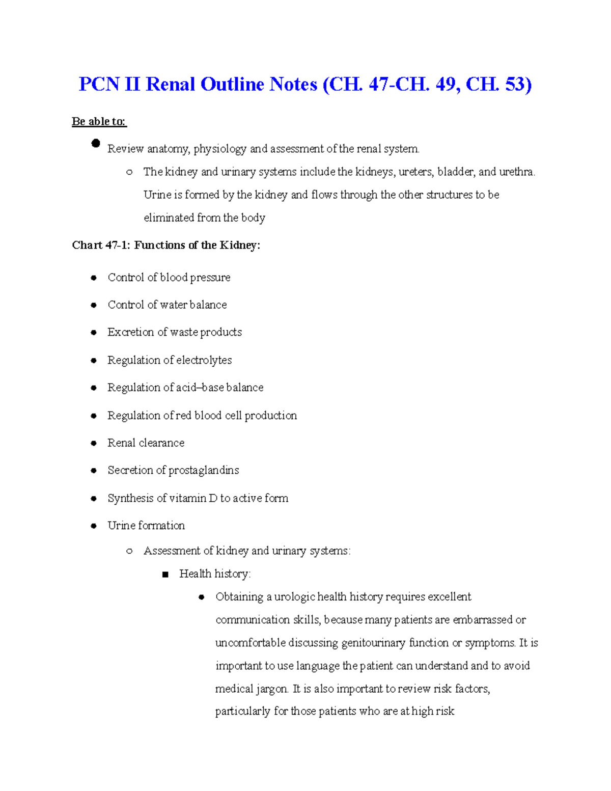 PCN II Renal Notes - PCN II Renal Outline Notes (CH. 47-CH. 49, CH. 53 ...