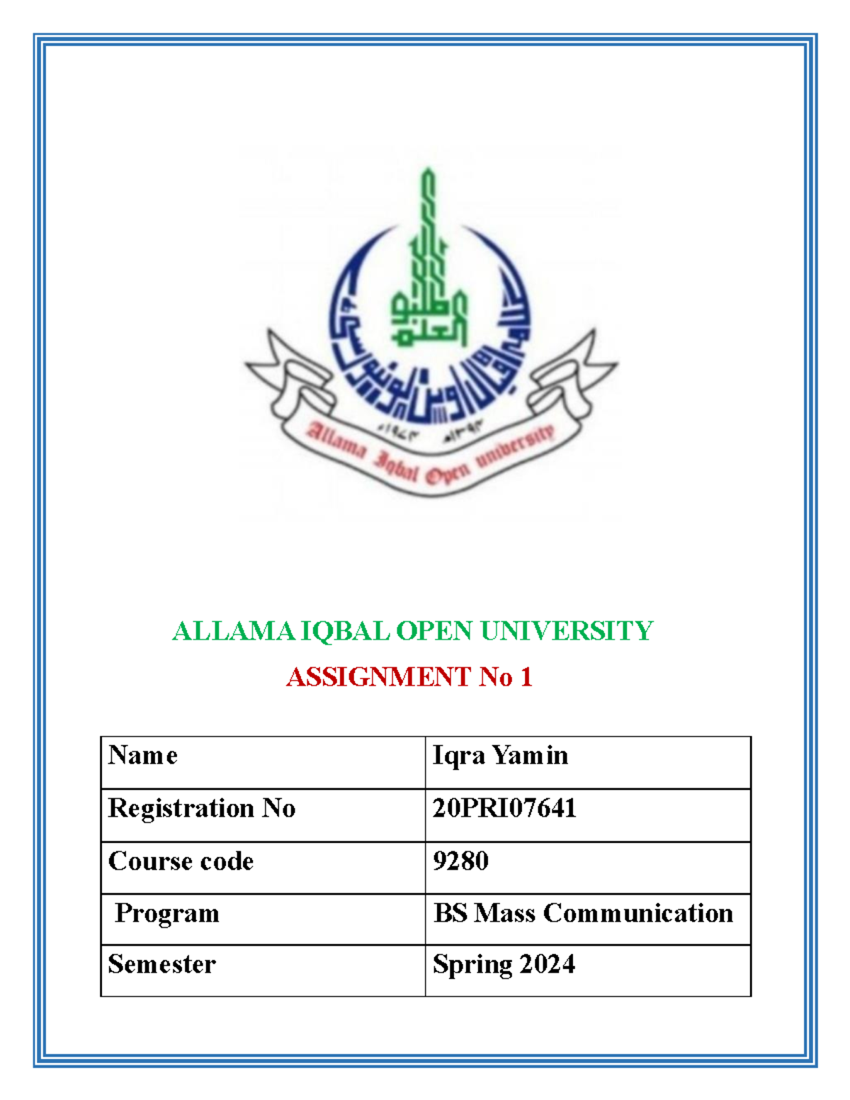 9280 Assignment 1 - sssddskjcbdeg - ALLAMA IQBAL OPEN UNIVERSITY ...