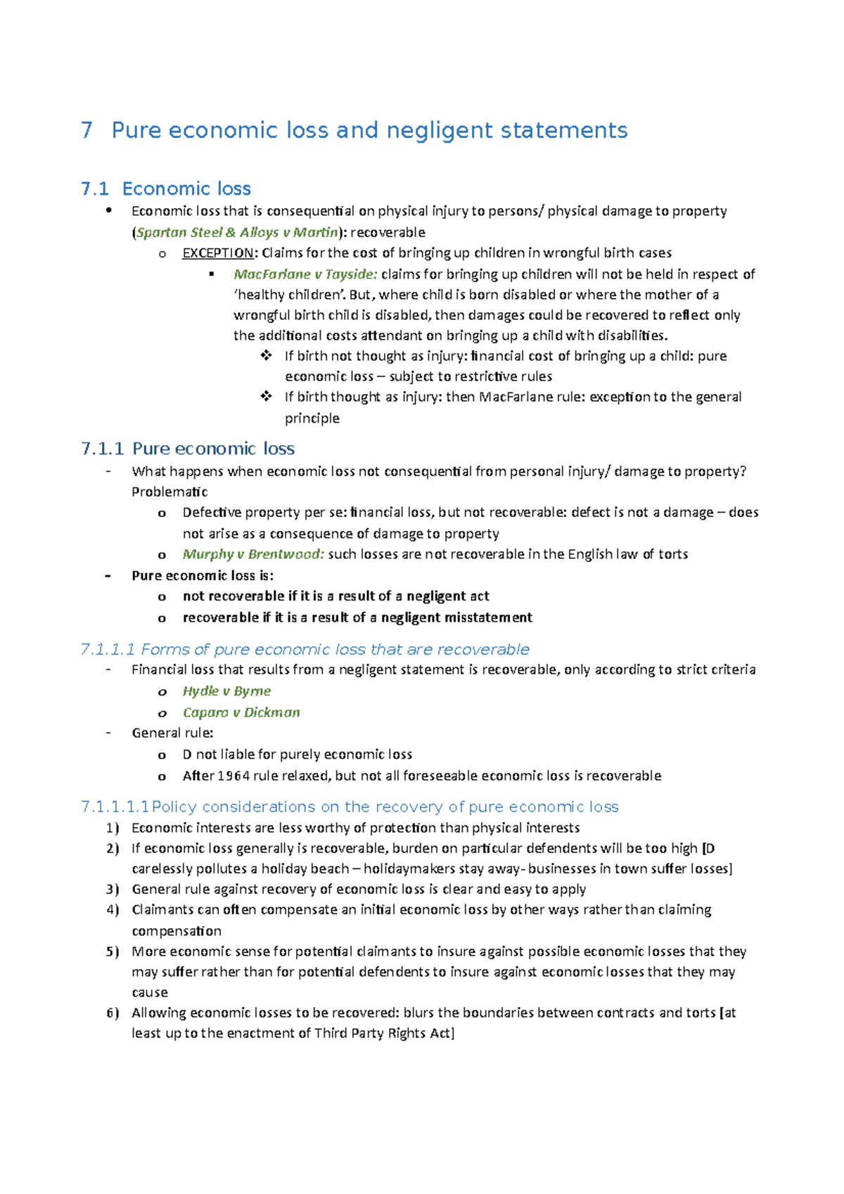 7. Pure economic loss and negligent statements - But, where child is ...