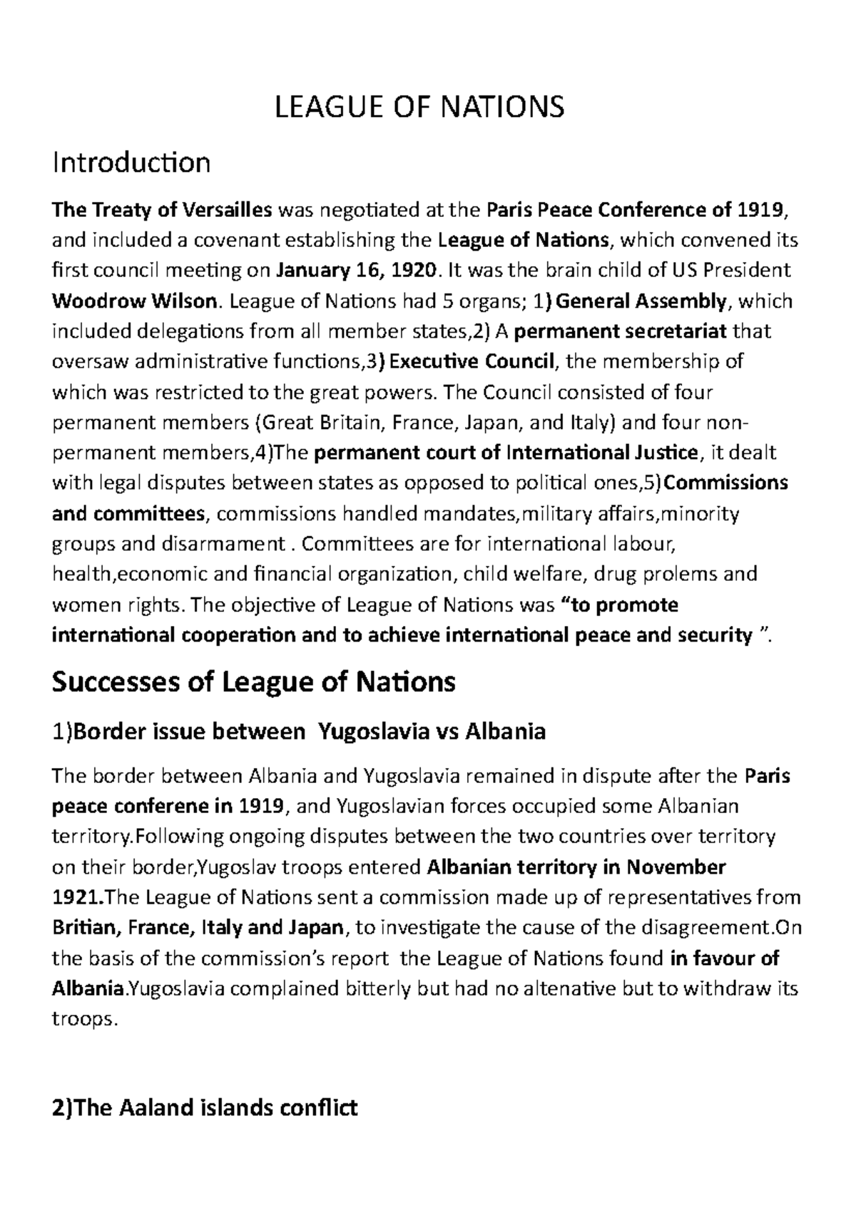 LON - notes of League of nations - LEAGUE OF NATIONS Introduction The ...