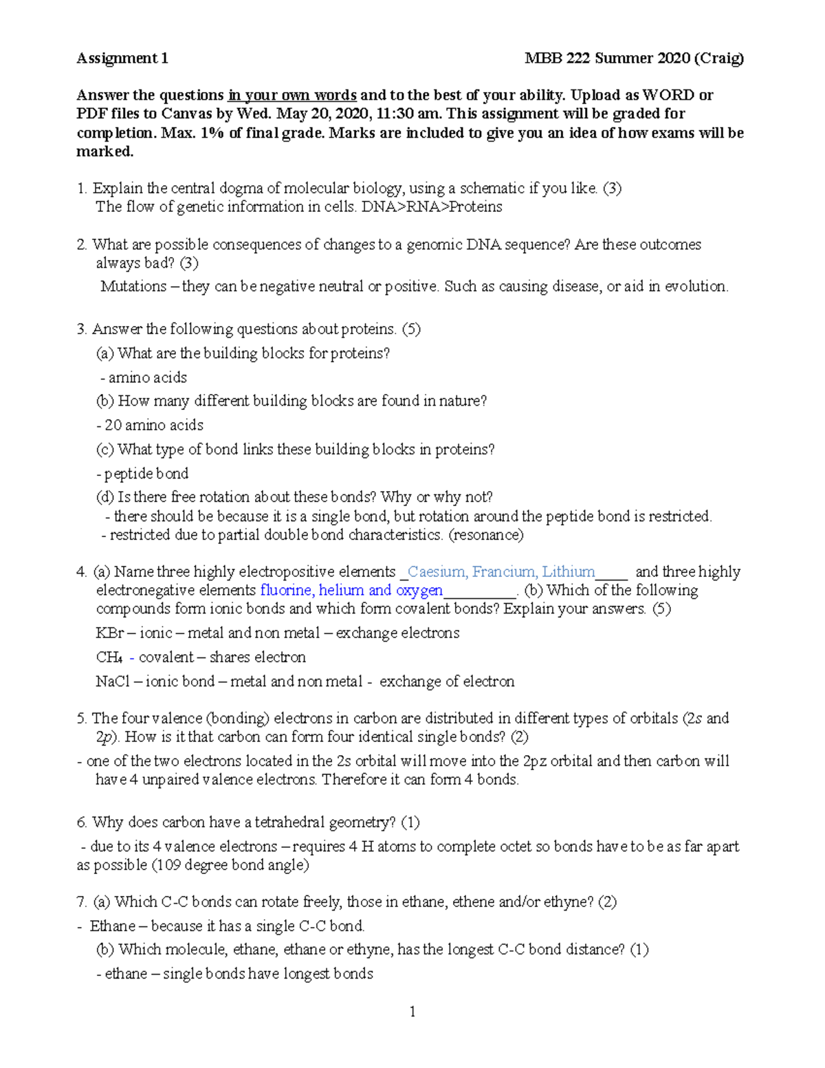 MBB 222 - Assignment 1 - Assignment 1 MBB 222 Summer 2020 (Craig ...