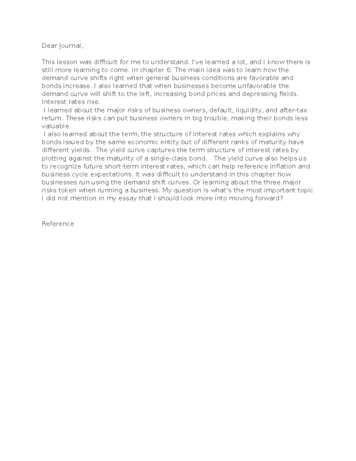 Dear Journal - Business Personal Finance - Dear Journal, This lesson ...