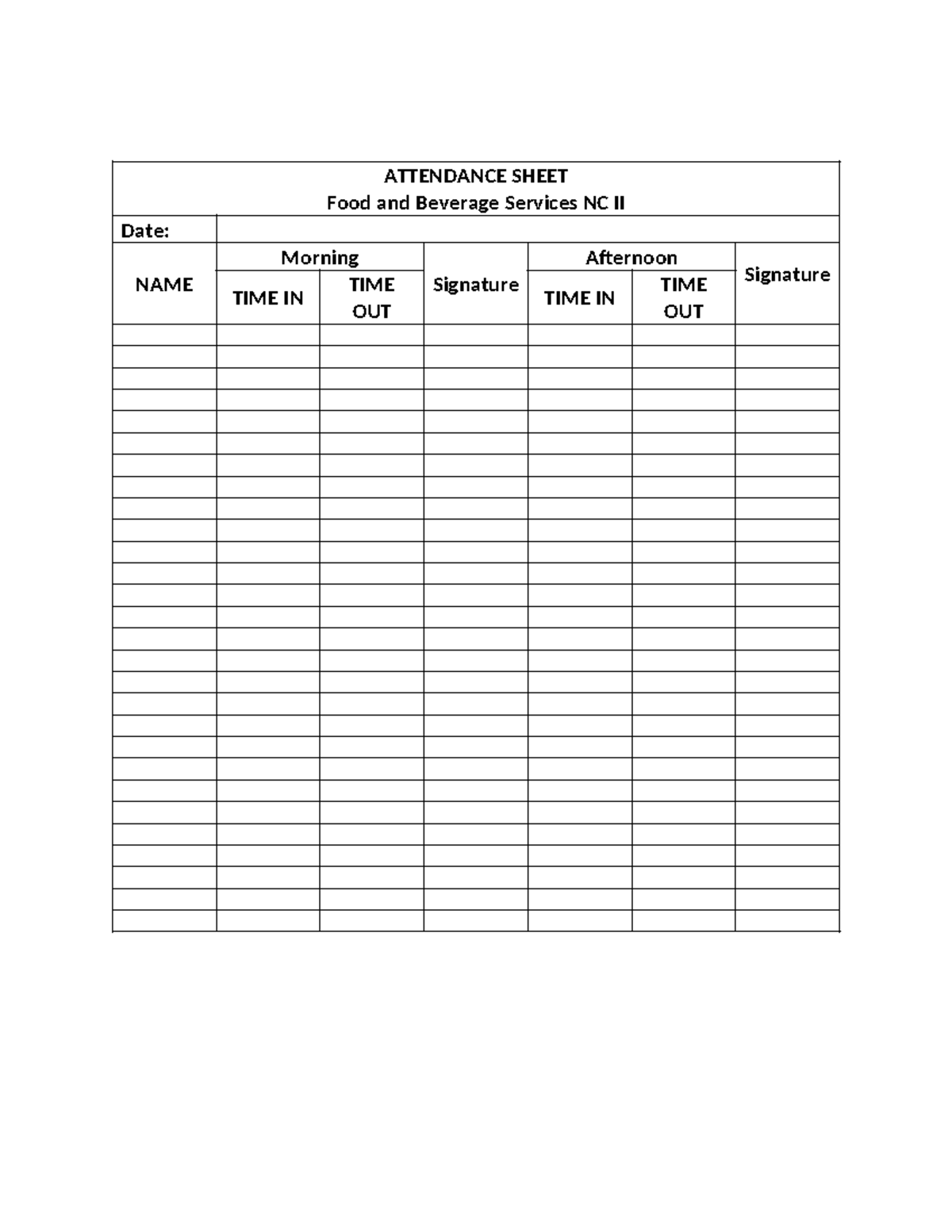 Attendance Sheet - BS Education - ATTENDANCE SHEET Food and Beverage ...