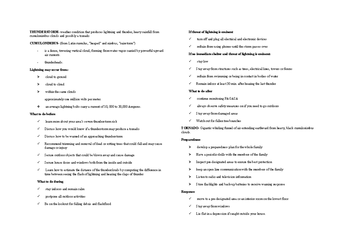 Thunderstorm notes - THUNDERSTORM- weather condition that produces ...