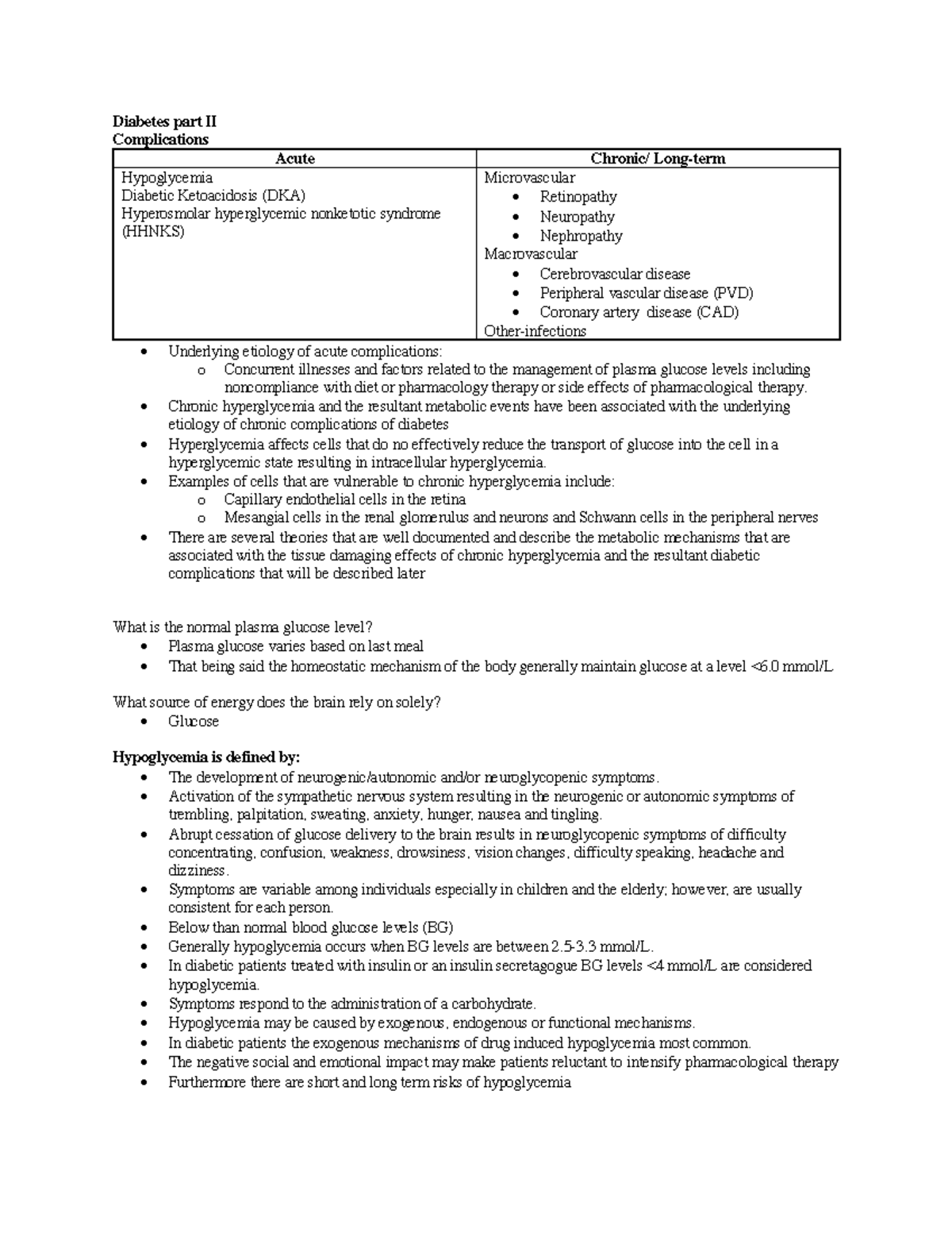 Diabetes Part II - Diabetes part II Complications Acute Chronic/ Long ...