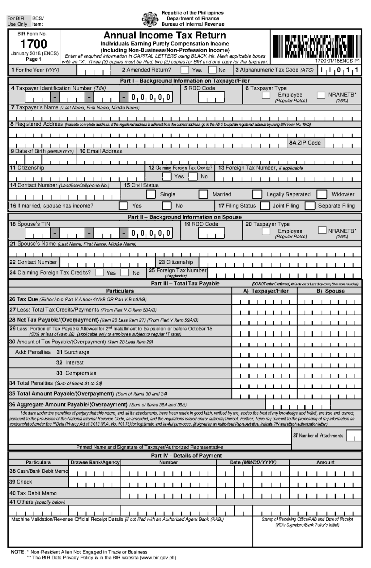 1700 Jan 2018 ENCS v6 - N/a - BIR Form No**.** 1700 January 2018 (ENCS ...