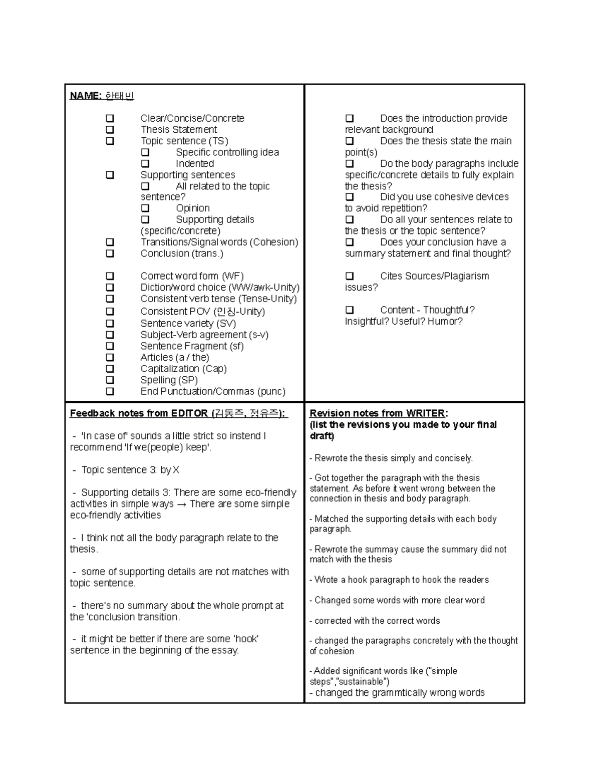 UE Essay Peer-Editing Checklist - NAME: 한태민 Clear/Concise/Concrete ...