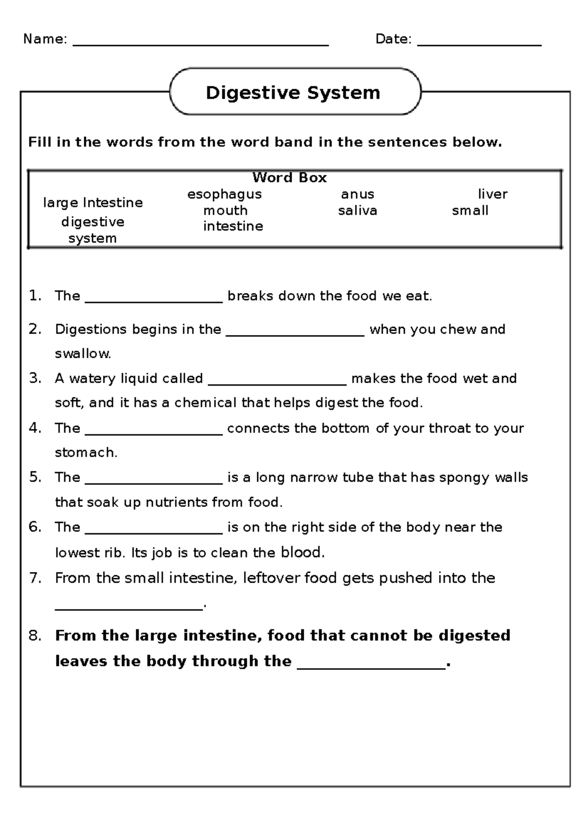 Digestive System Organs Fill in Blanks - Name ...