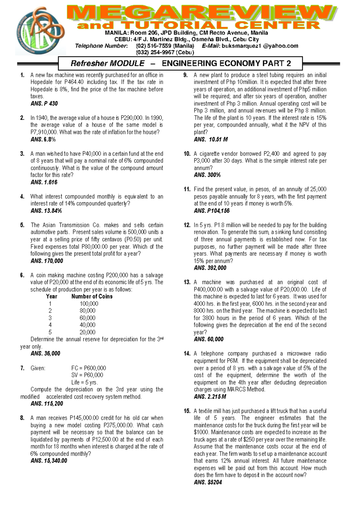 Refresher Module 38 - M9 - Engineering Economy 2 - MANILA: Room 206 ...