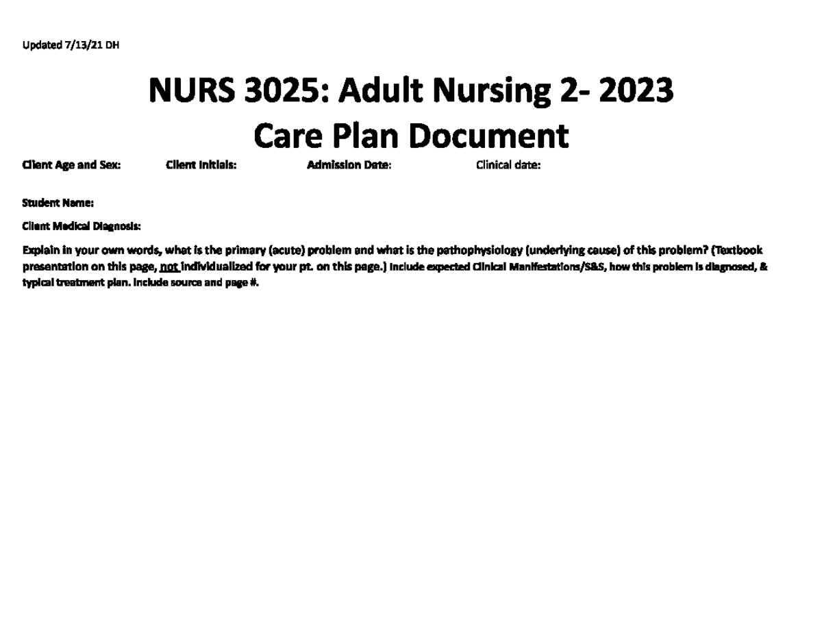 Adult II Care Plan - care plan - NURS-3015 - Studocu