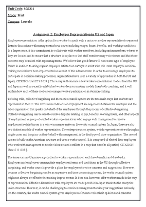 Case study 2 solution - final assessment - MG316 COMPARATIVE EMPLOYMENT ...