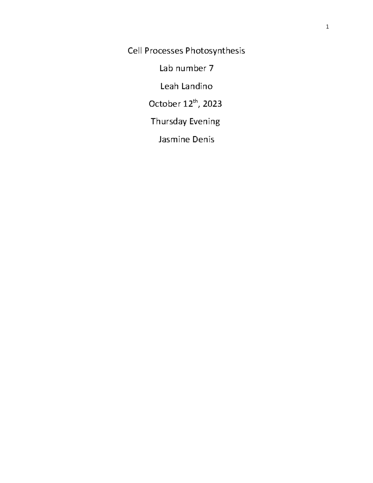 Photosynthesis lab 7 - essay - Cell Processes Photosynthesis Lab number ...