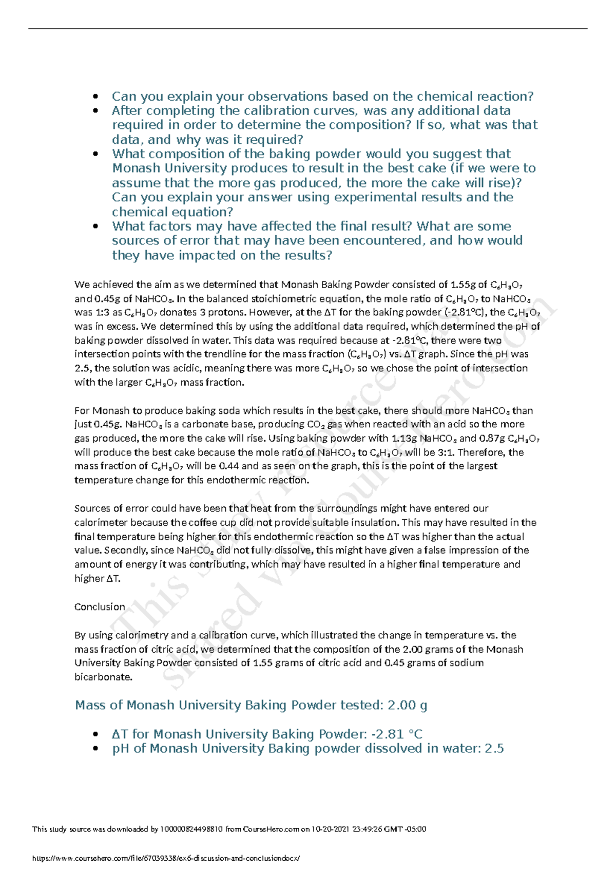 Ex6 discussion and conclusion - CHM1011 - Monash - Studocu