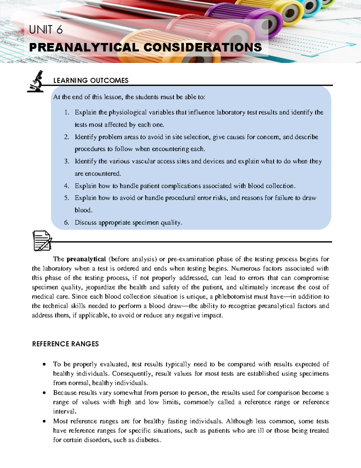 6 Preanalytical Considerations - At the end of this lesson, the ...