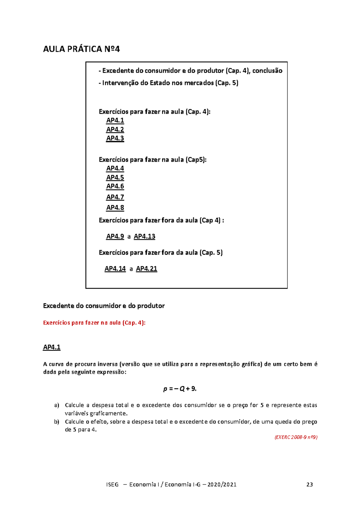 AP4 2020-21 - Exercicio - AULA PRÁTICA Nº **- Excedente do consumidor e ...