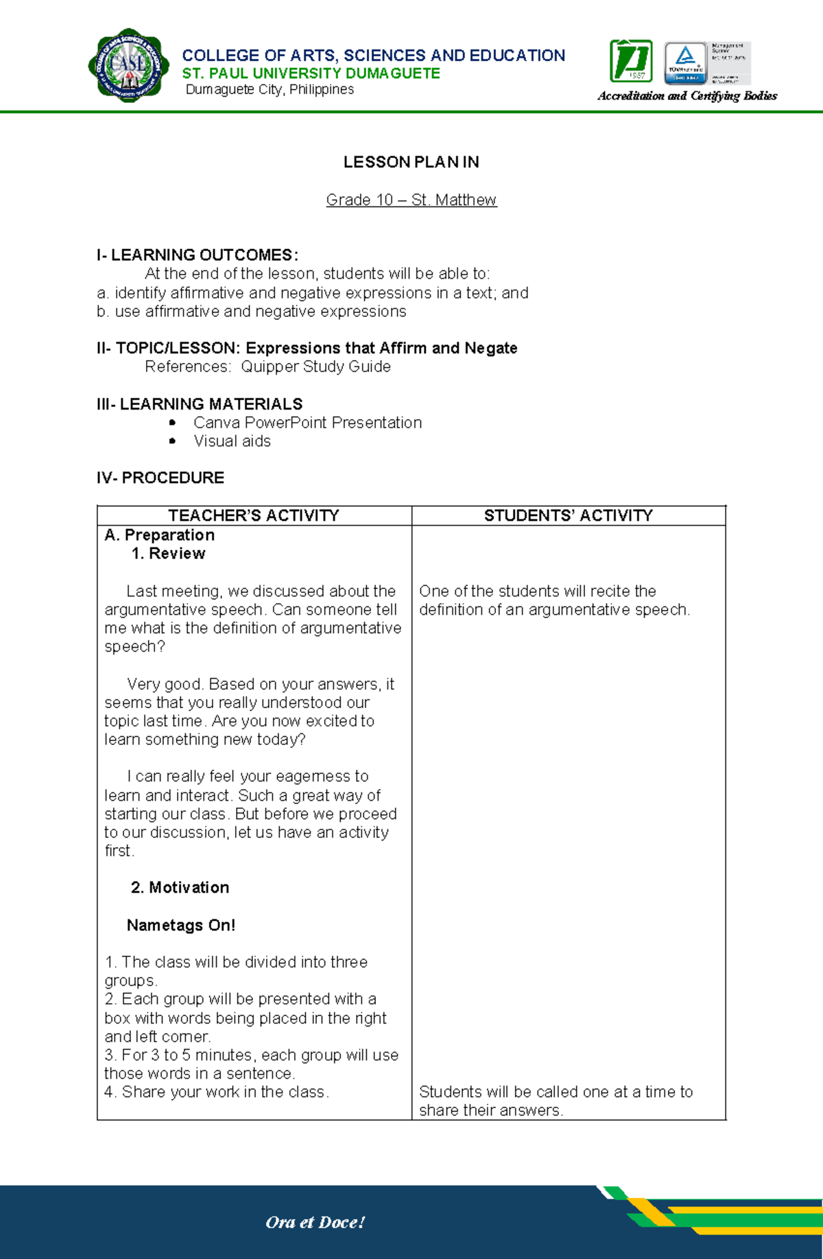 lesson plan in english 9 - Accreditation and Certifying Bodies ST. PAUL ...