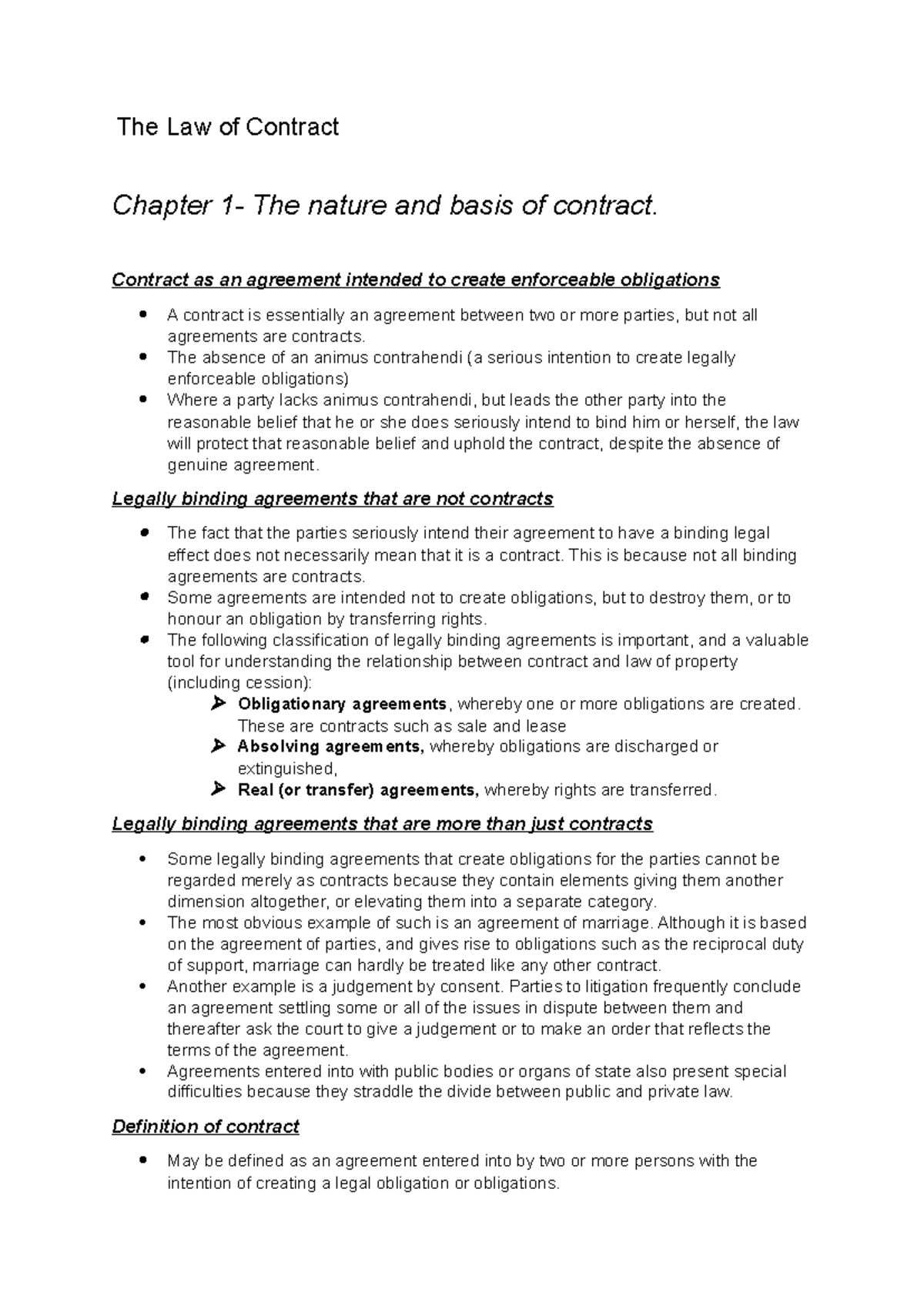 The Law of Contract notes - The Law of Contract Chapter 1- The nature ...