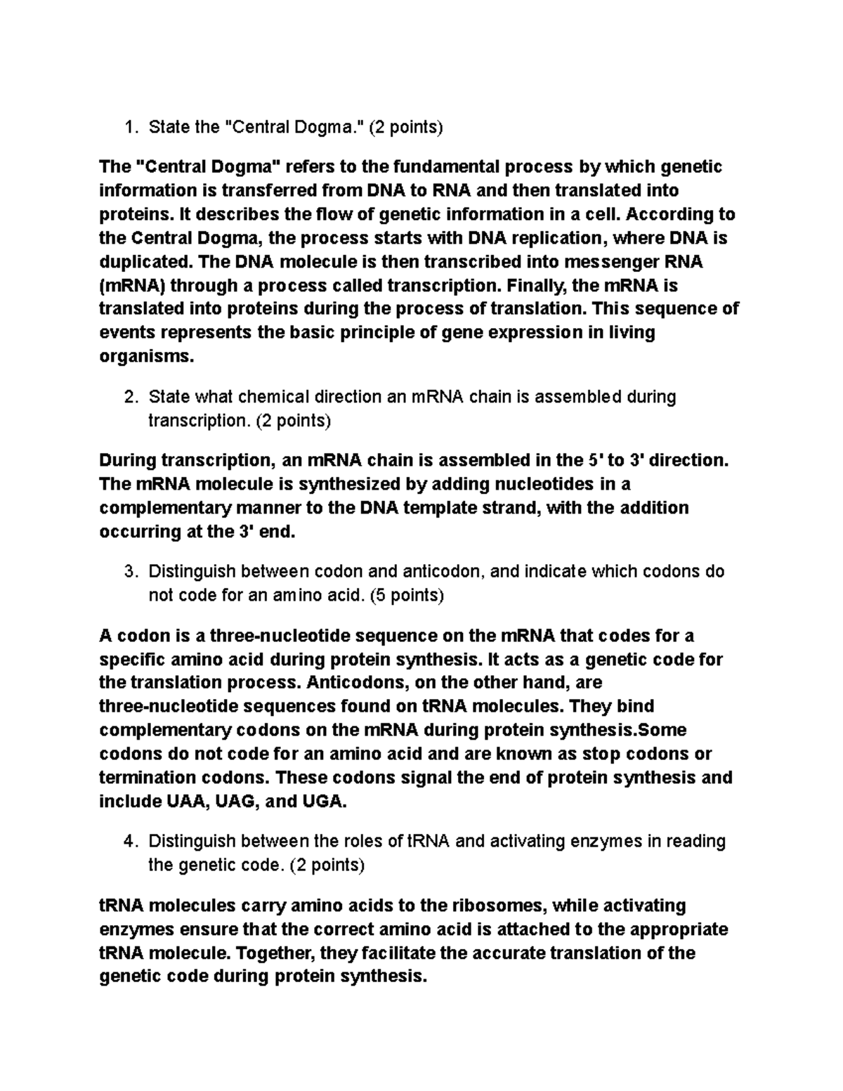 Chapter 12 advanced bio - 1. State the "Central Dogma." (2 points) The "Central - Studocu