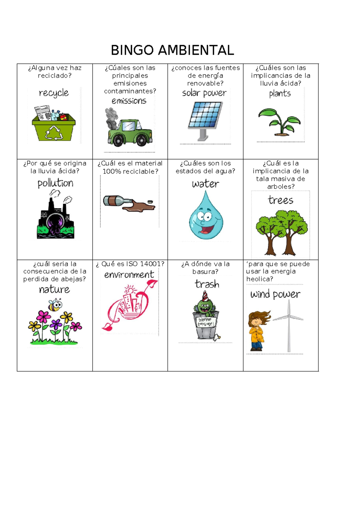 Bingo Ambiental - ejercicio - BINGO AMBIENTAL ¿Alguna vez haz reciclado ...