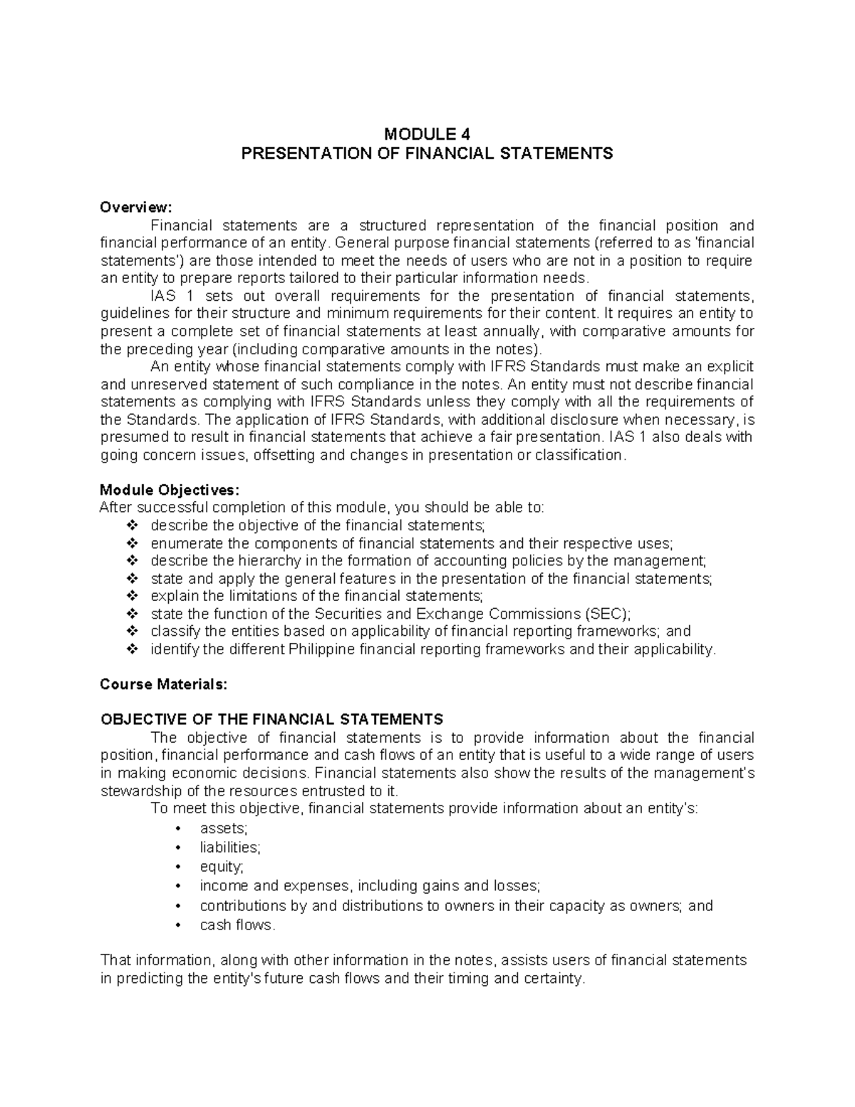 Module 4 Components OF Financial Statements - MODULE 4 PRESENTATION OF ...