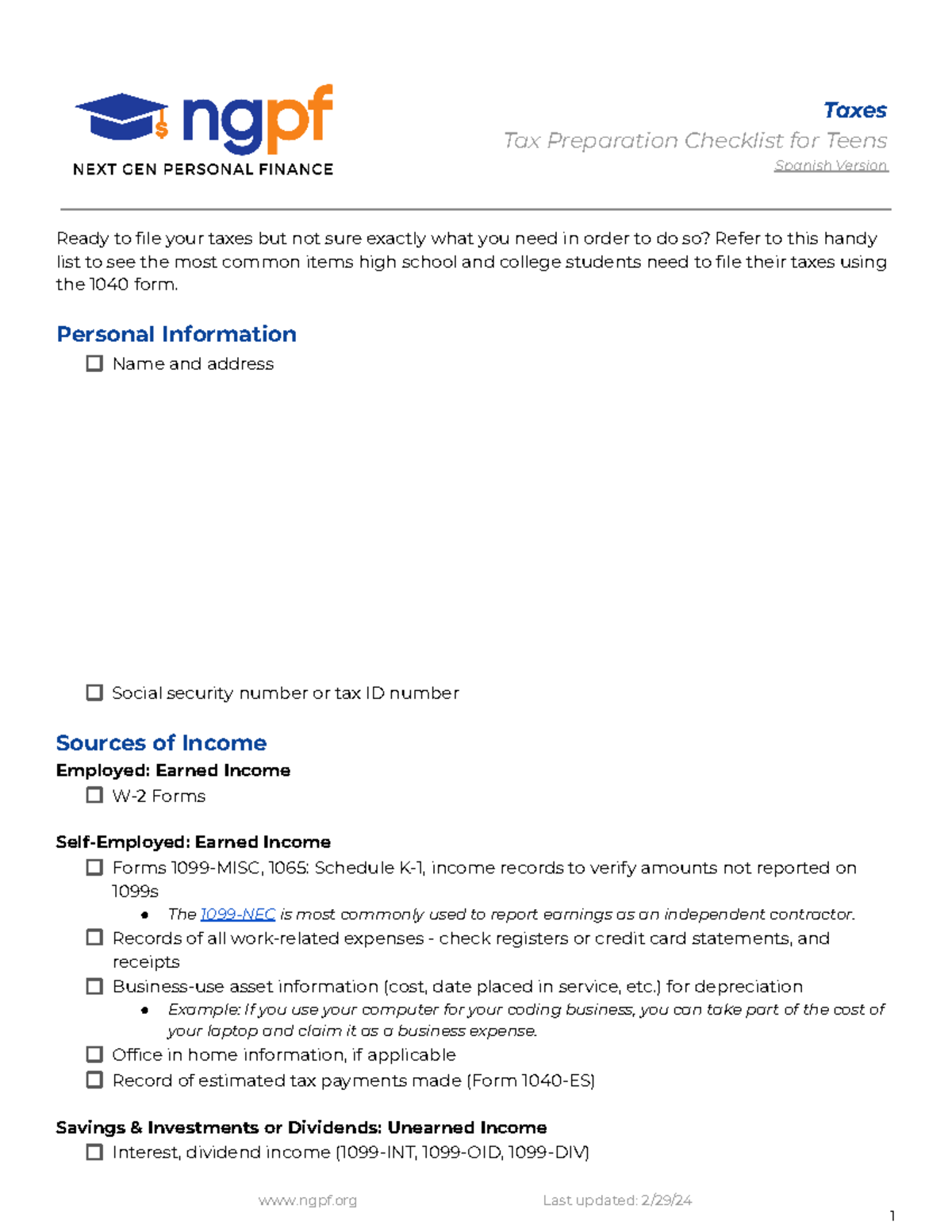 Copy of Reference Tax Preparation Checklist for Teens - Taxes Tax ...